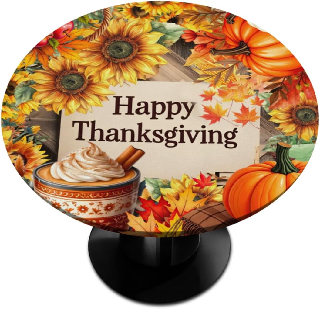 Thanksgiving Pumpkin Flower Fall Round Fitted Tablecloth Wipeable ...