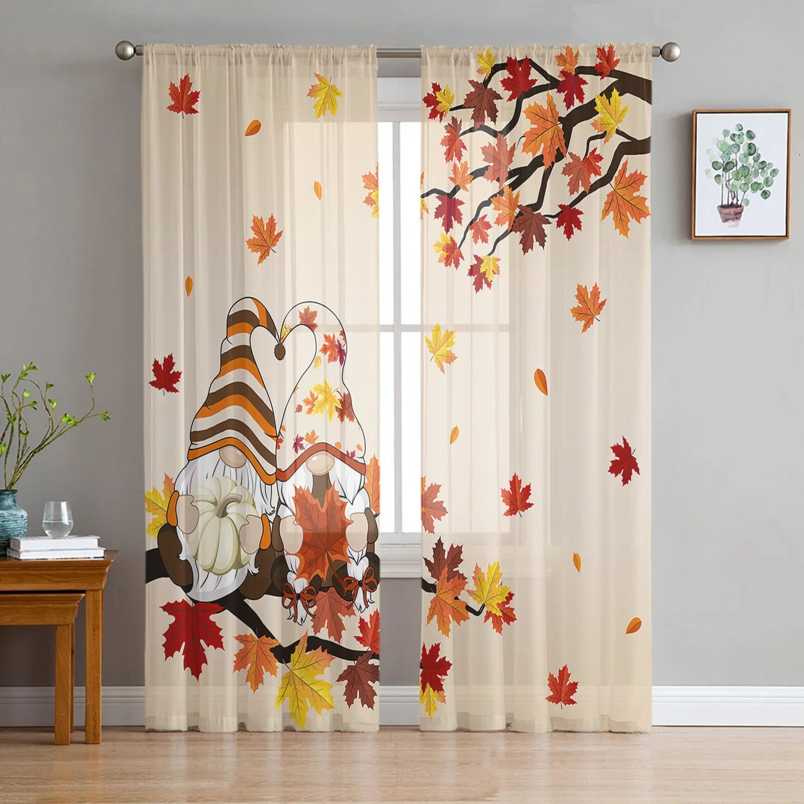 Thanksgiving Pumpkin Maple Leaf Dwarf Voile Curtains for Bedroom Window ...