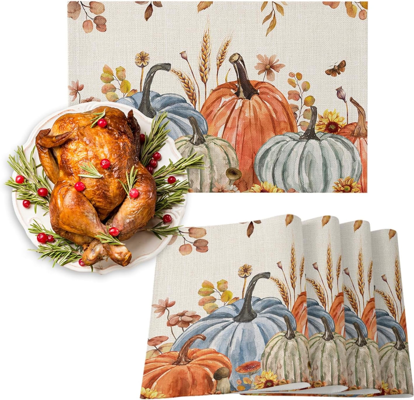 Thanksgiving Pumpkin Placemats Set of 6,Non Slip Washable Farmhouse ...