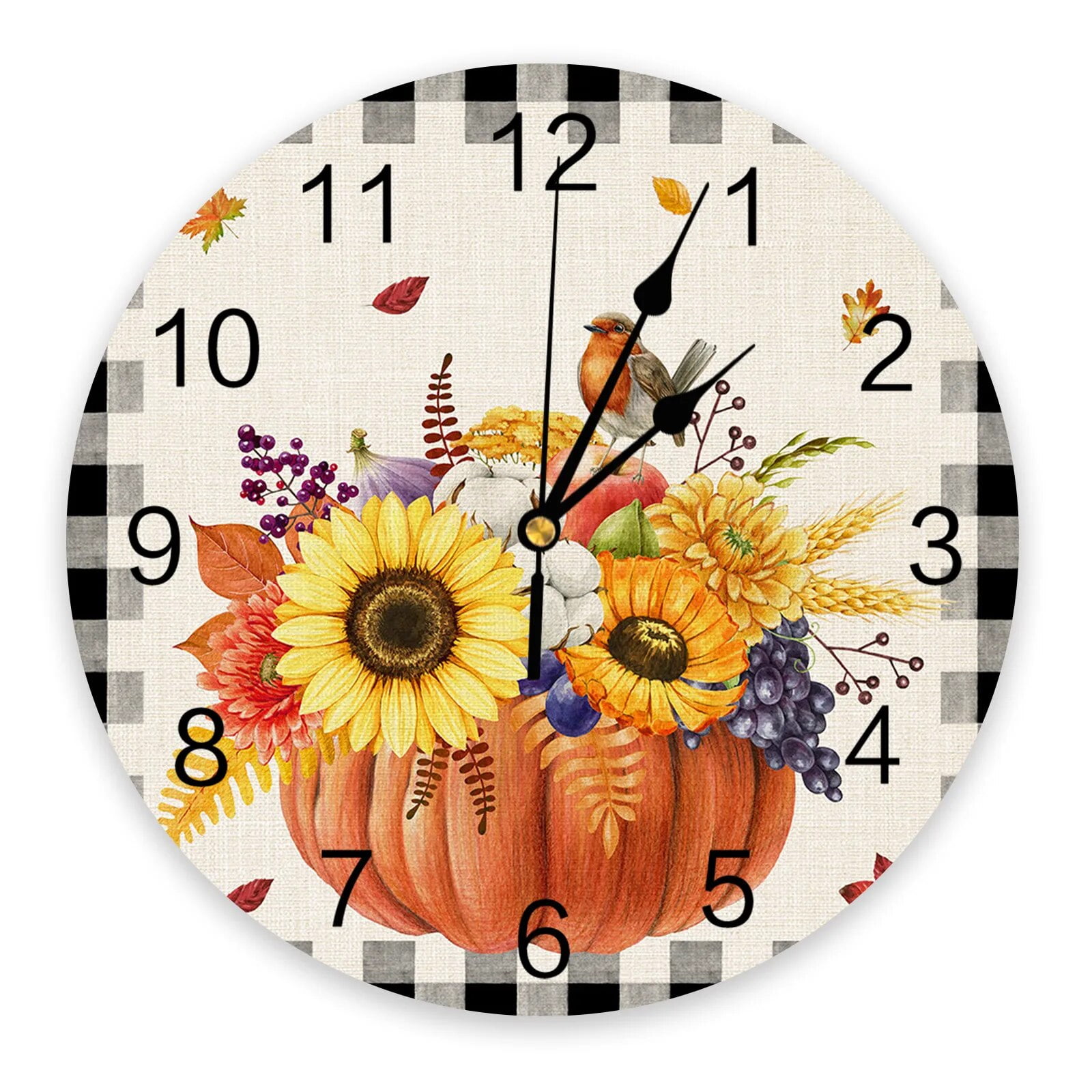 Thanksgiving Pumpkin Sunflower Wall Clock Large Modern Kitchen Dinning ...
