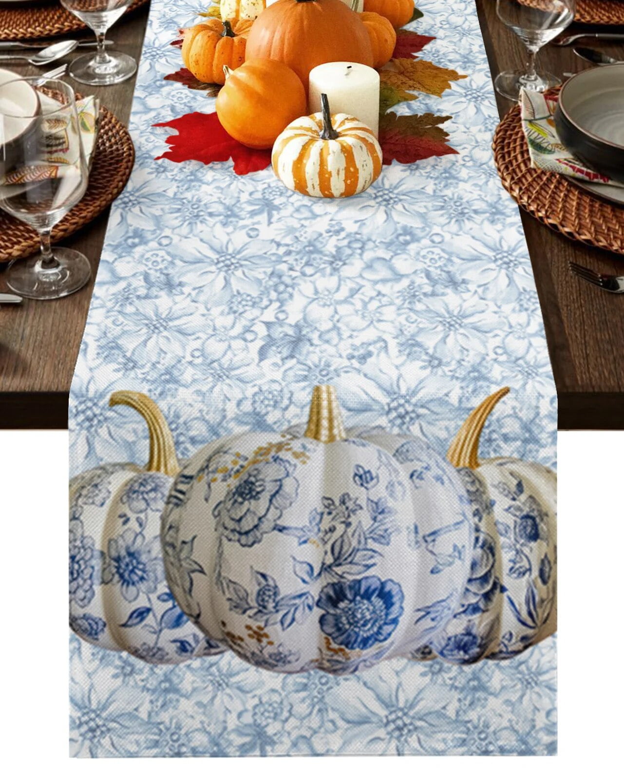 Thanksgiving Pumpkins Celadon Flowers Table Runner Cotton Linen Wedding ...