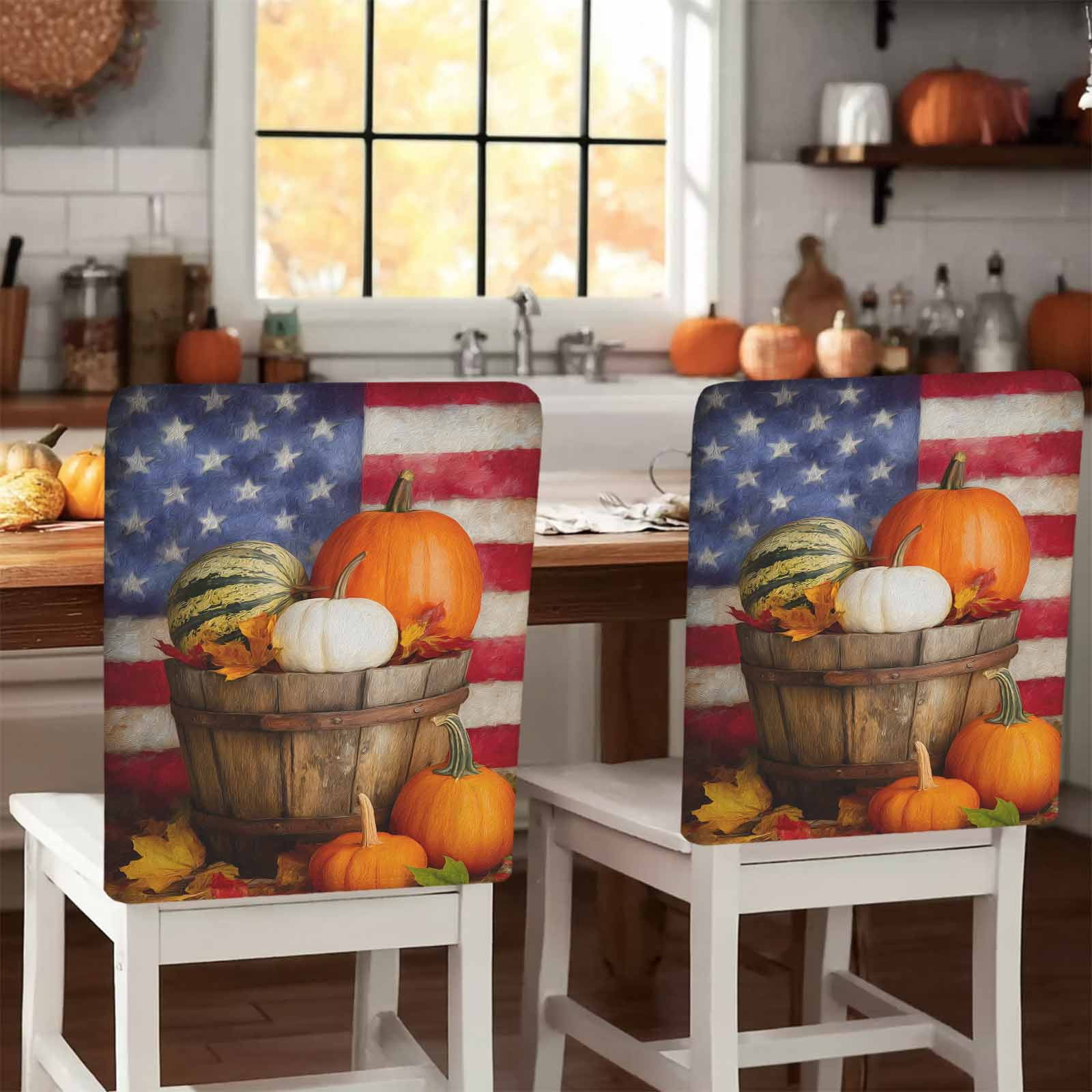 Thanksgiving Pumpkins Chair Covers Set of 1 Watermelon Harvest USA Flag ...