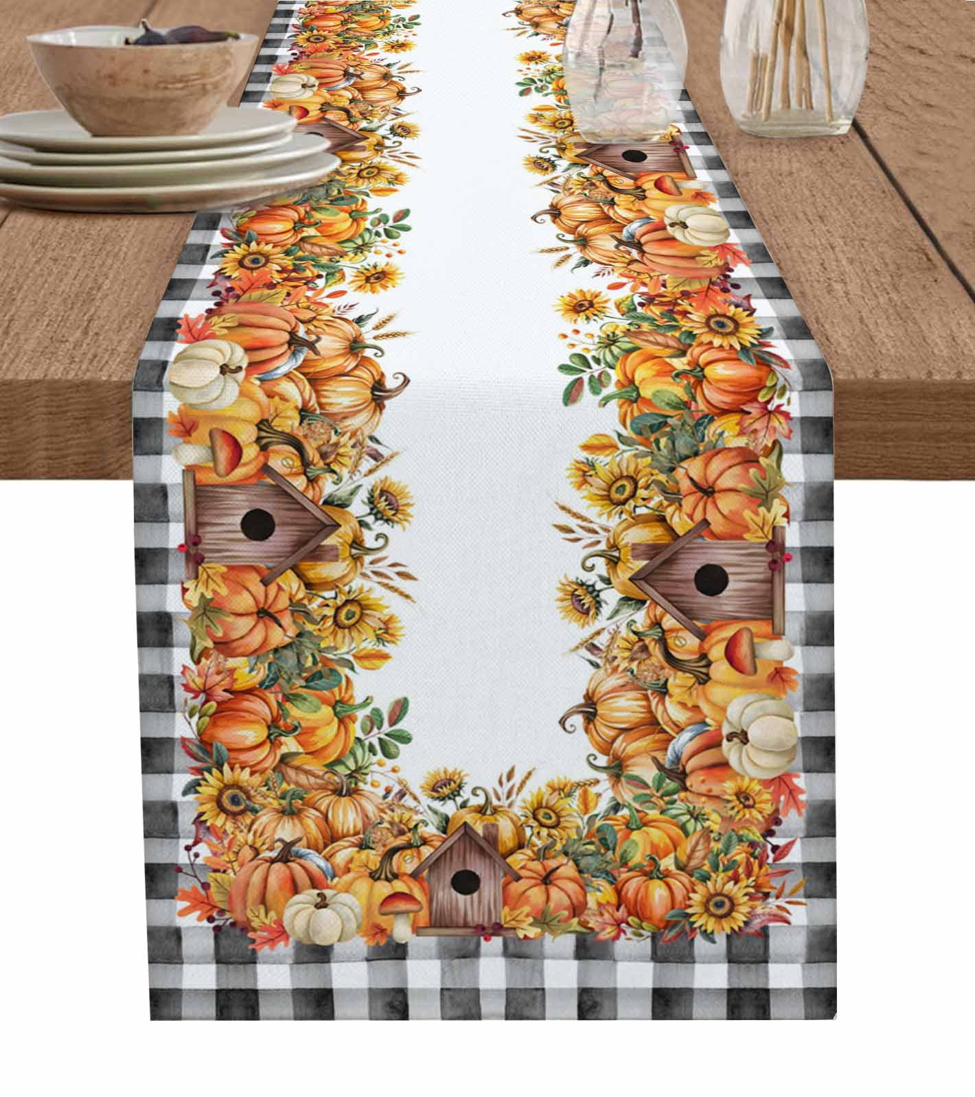 Thanksgiving Pumpkins Table Runner 72 Inches, Sunflowers Leaves Retro Pastoral Bed Runner ...