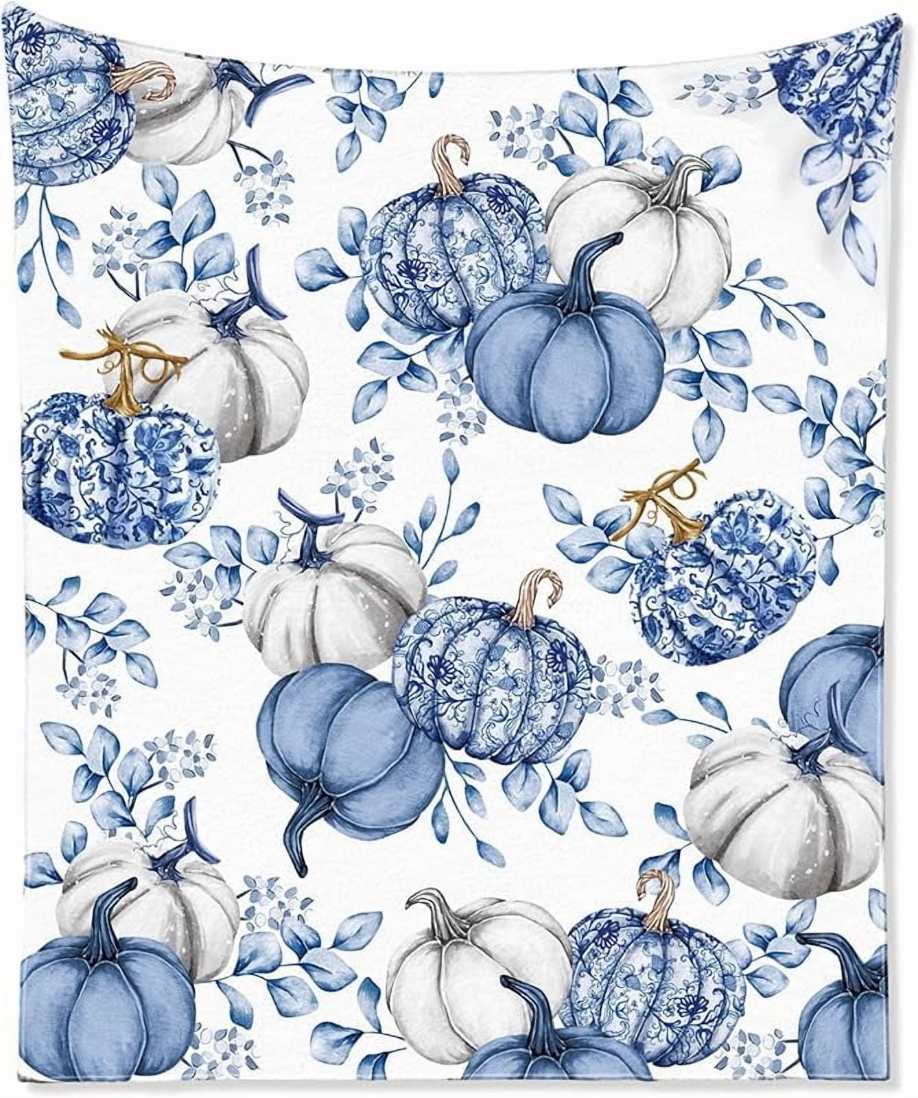 Thanksgiving Pumpkins Throw Blanket Chinoiserie Blue and White Pumpkins ...