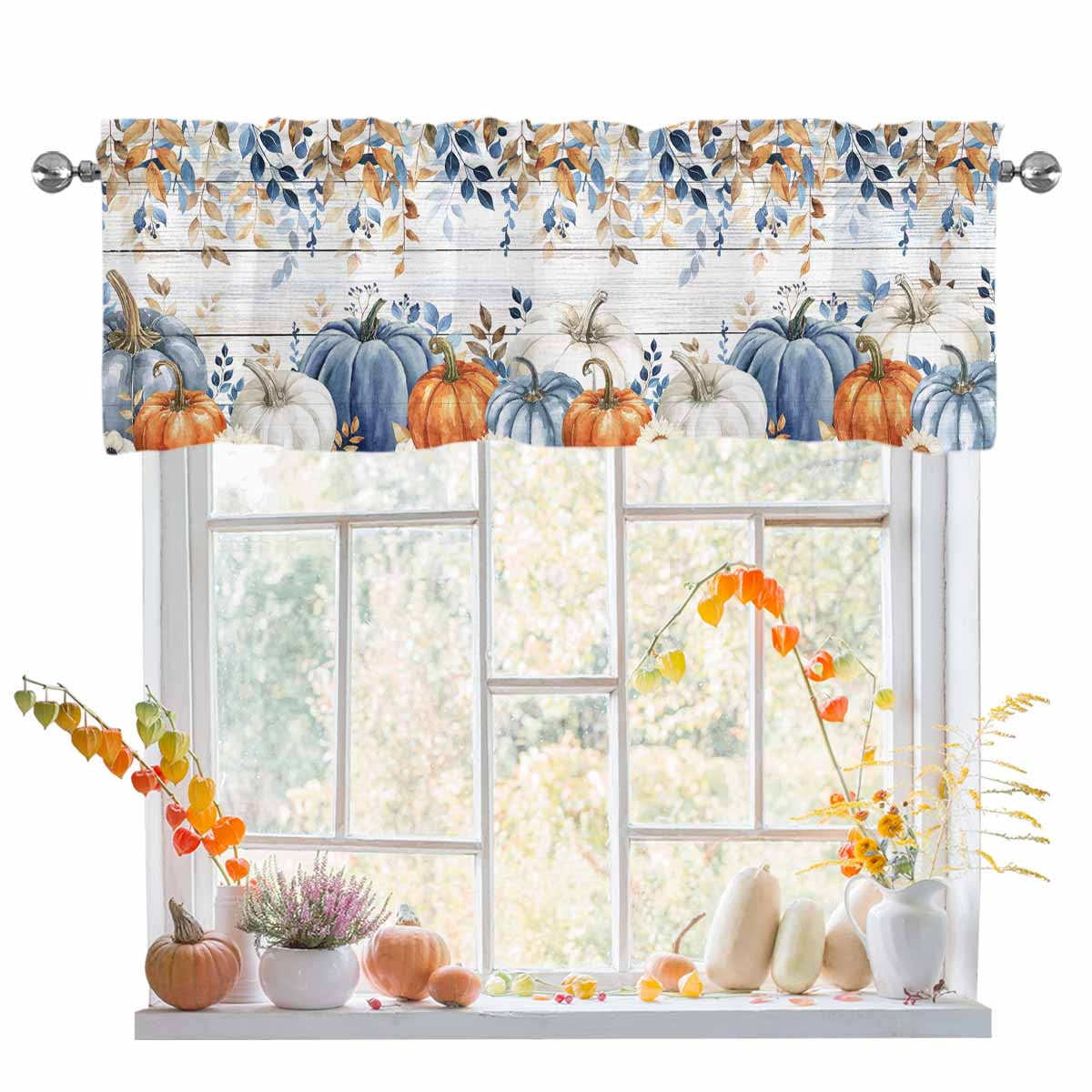 Thanksgiving Rod Pocket Linen Window Valance,54"X18,Pumpkin and Leaf ...