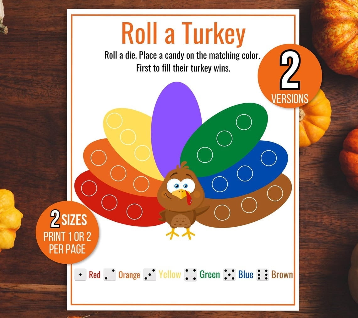 Thanksgiving Roll a Turkey Dice Game, Fall Party Game, Family Dice Game ...