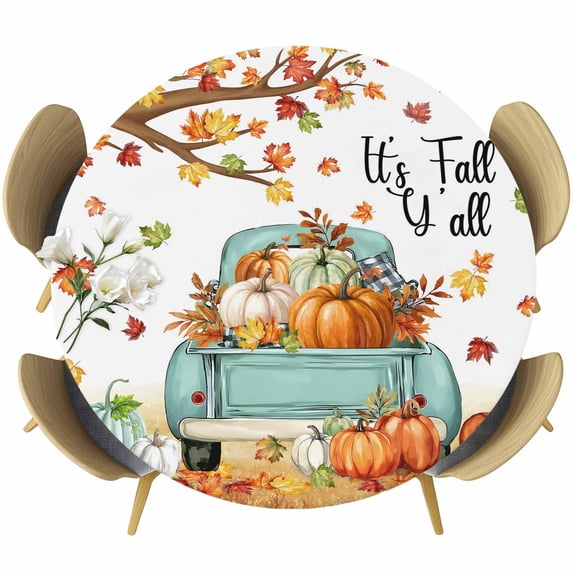 Thanksgiving Round Tablecloth, Fitted Table Cover with Elastic for 45 ...