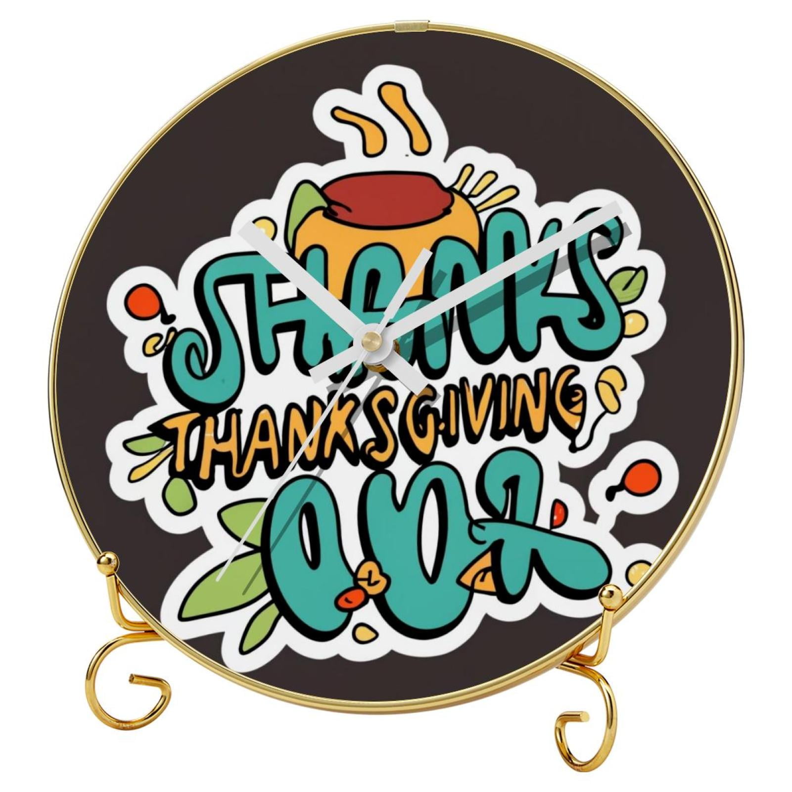 Thanksgiving Round Wall Clock with Printed Design, Hooks and Gold Stand ...