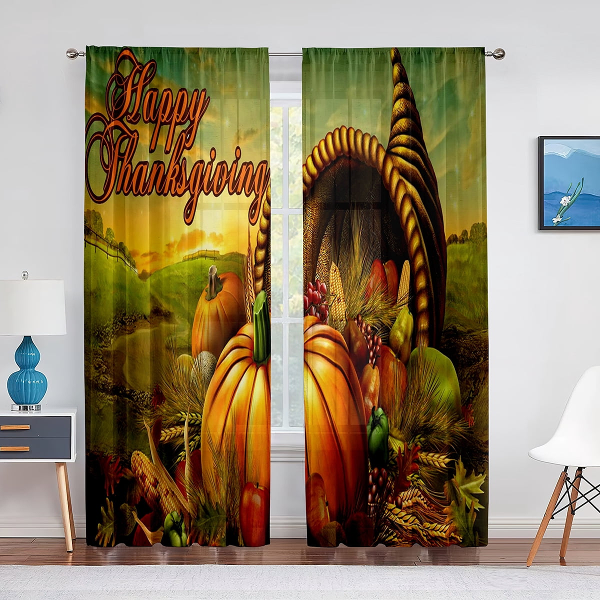 Thanksgiving Rustic Autumn Wooden Background Sheer Curtain for Living ...