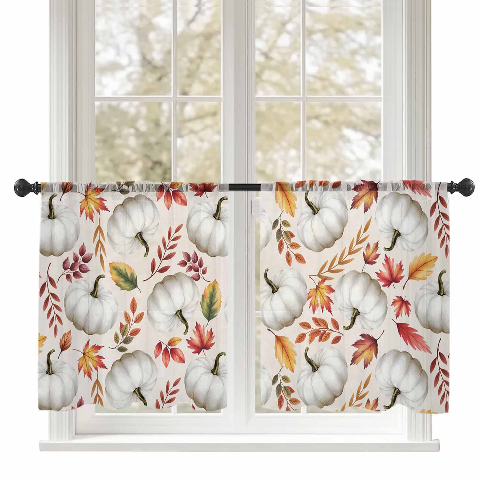 Thanksgiving Sheer Curtains 54 inches Long, Fall Abstract White Pumpkin ...