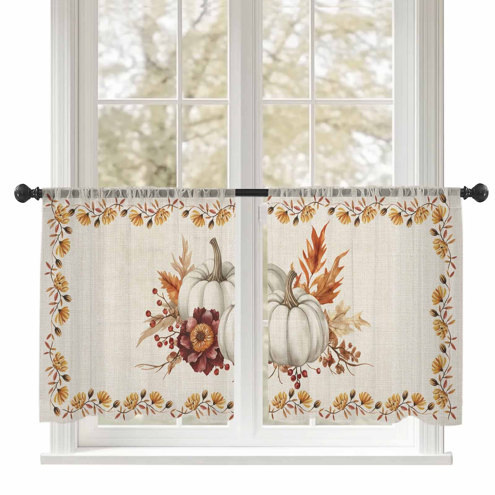 Thanksgiving Sheer Curtains 54 inches Long, White Pumpkin Fall Leaves ...