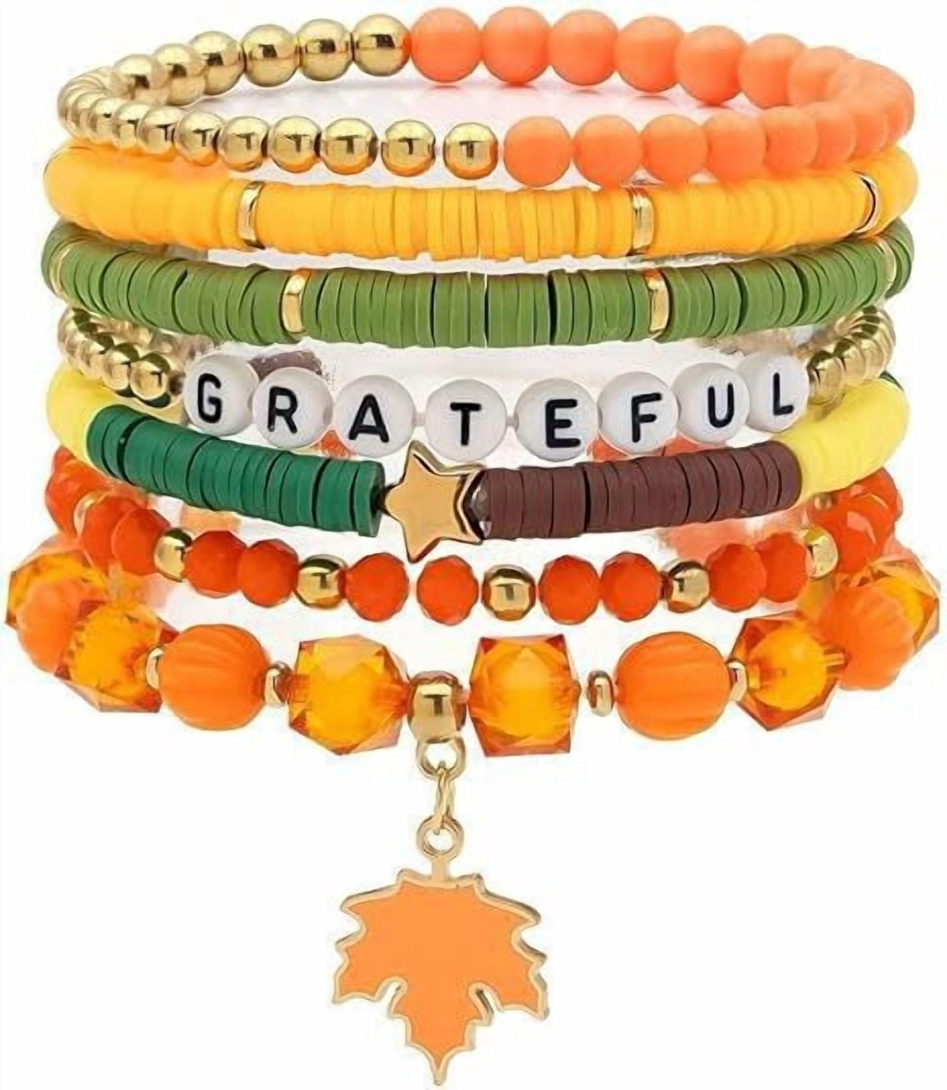Thanksgiving Stackable Stretch Bracelet Set Multi Strand Beaded Letter ...