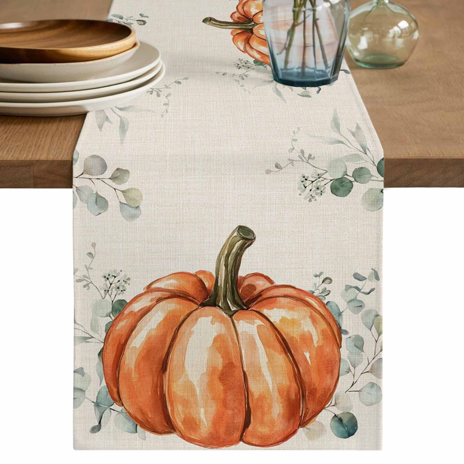 Thanksgiving Table Runner 108 Inches, Fall Orange Pumpkin Eucalyptus ...