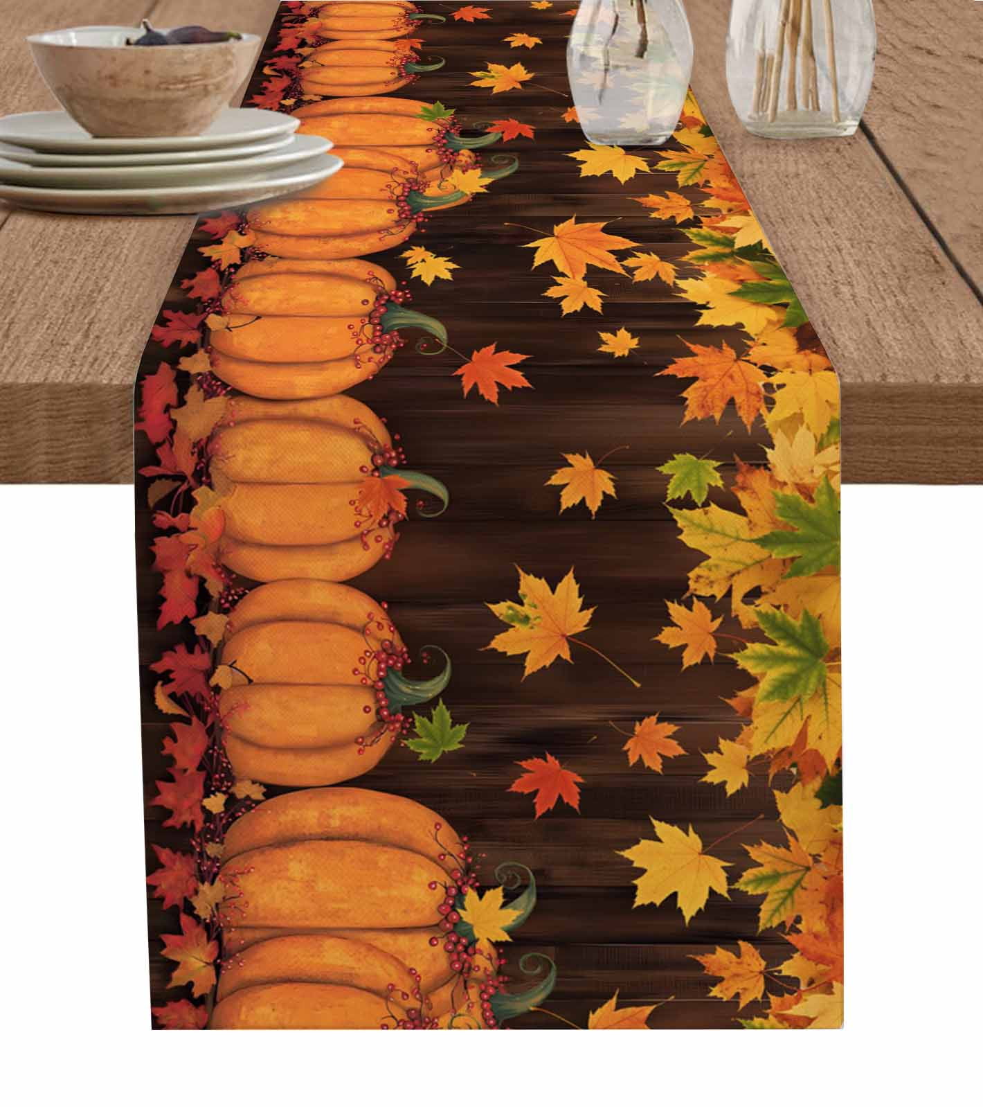 Thanksgiving Table Runner 108 Inches, Orange Pumpkin Fallen Maple Leaf ...