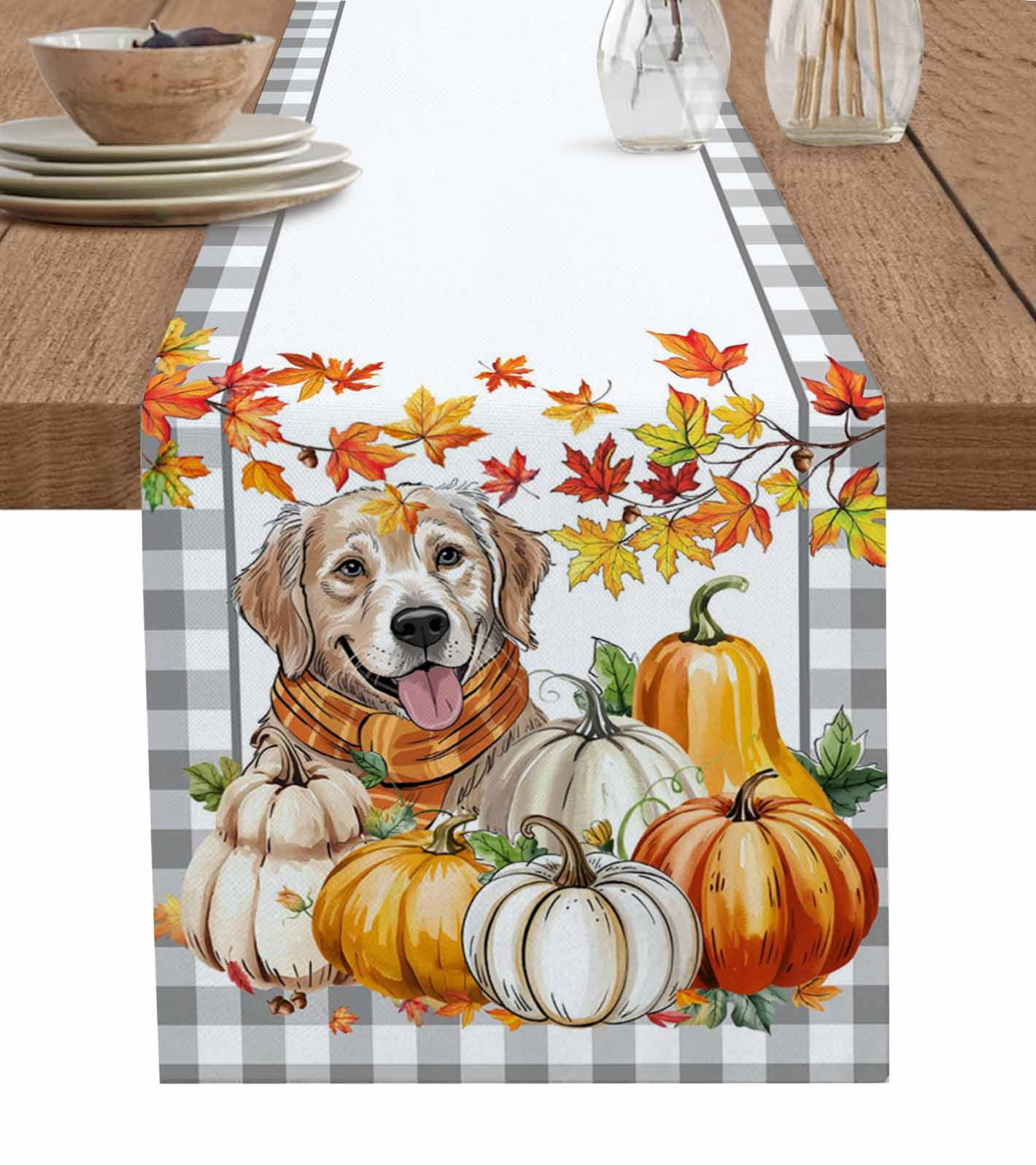 Thanksgiving Table Runner Orange Pumpkins Dog Maple Leaves Gray Plaid ...