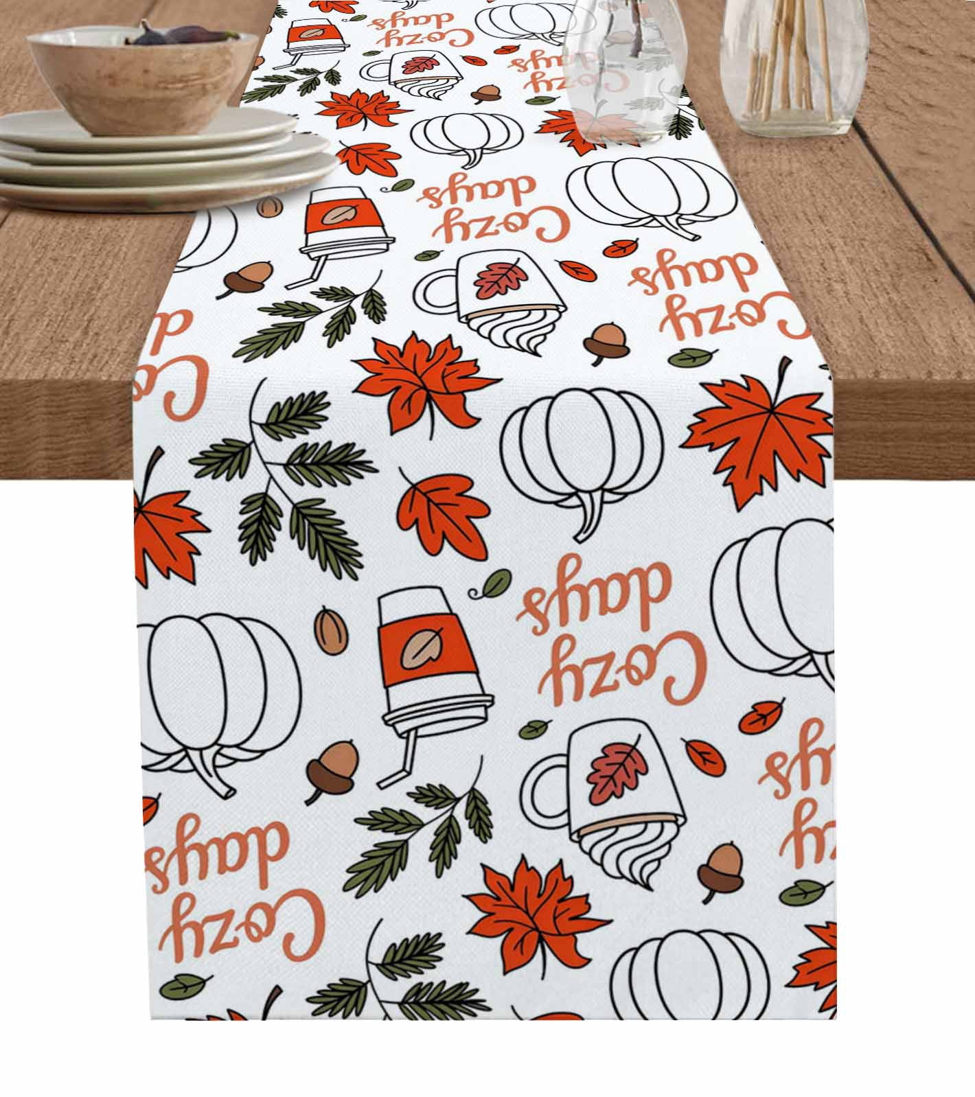 Thanksgiving Table Runner Retro Cartoon Pumpkins Leaves Watercolor ...
