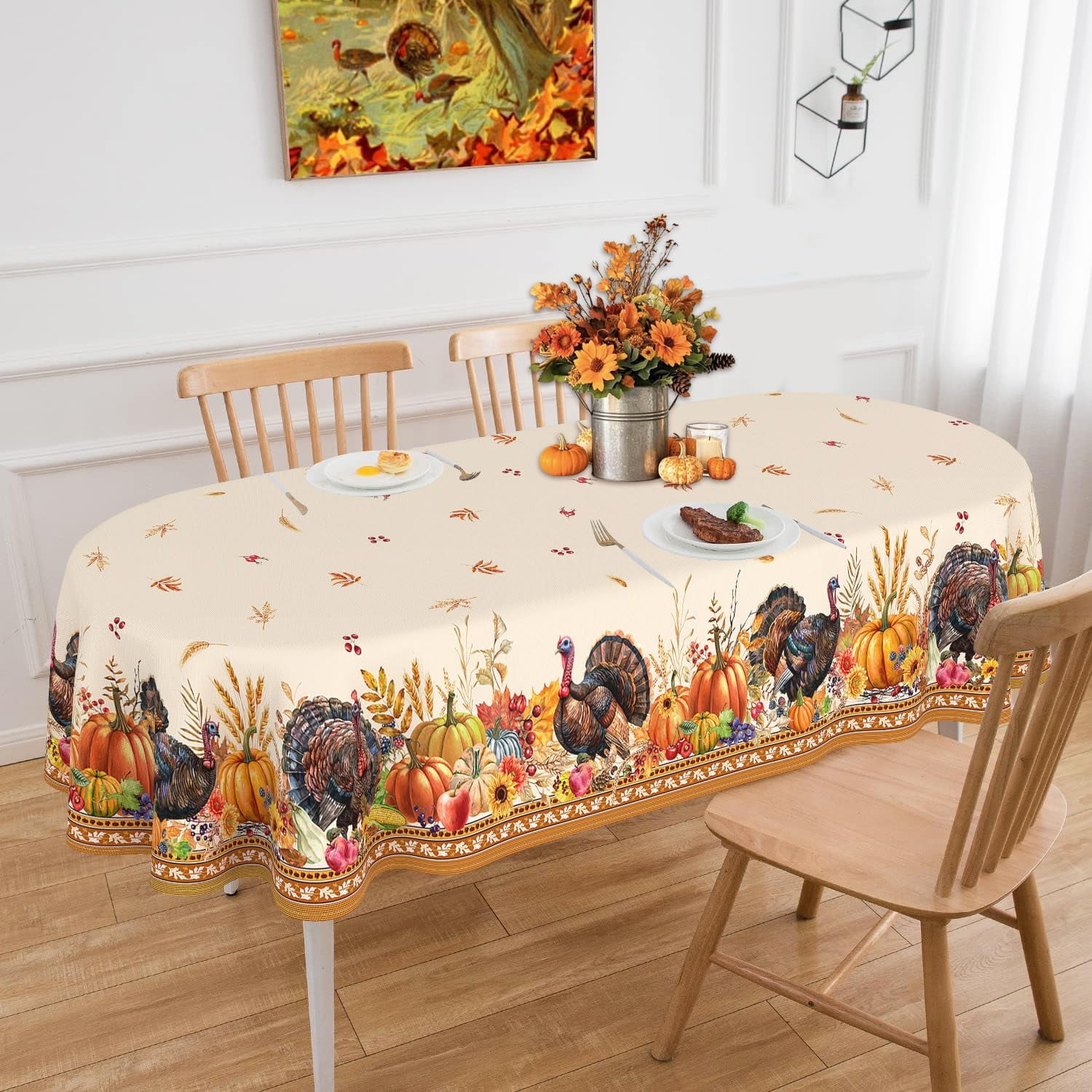 Thanksgiving Tablecloth Oval 52x70 Inch, Turkey Fall Harvest ...