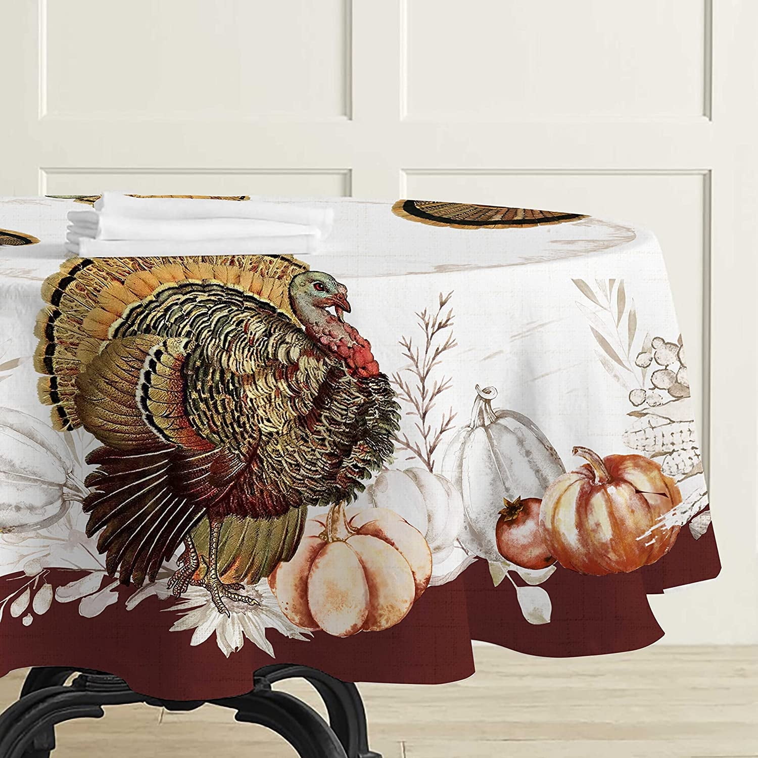 Thanksgiving Tablecloth Turkey Maple Leaves Polyester Table Cover ...