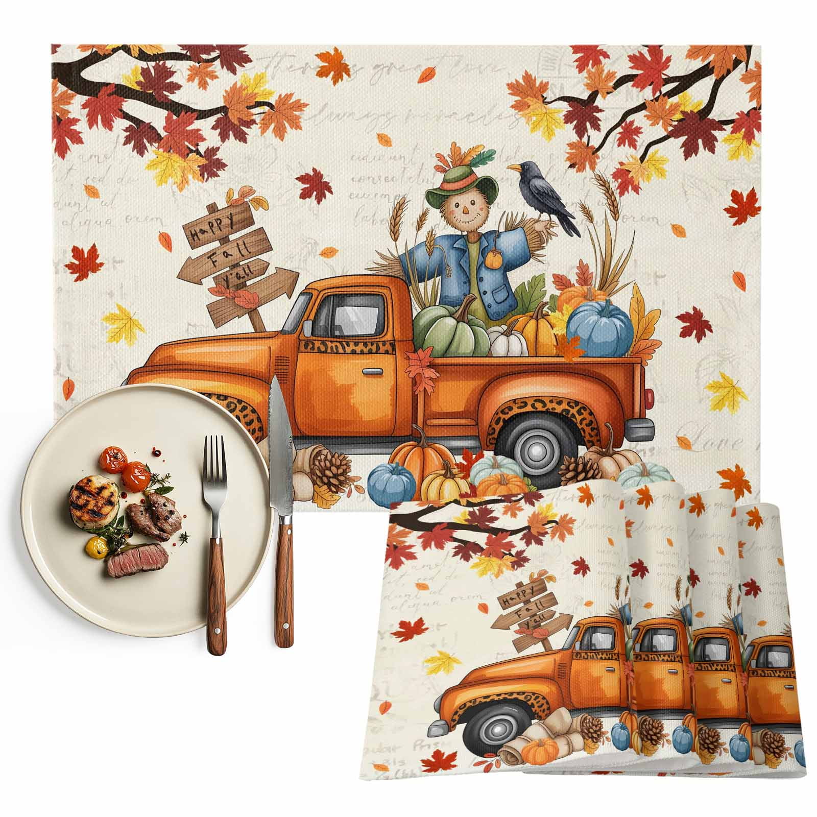 Thanksgiving Truck Placemats Set of 6 Autumn Scarecrows Maple Leaf ...