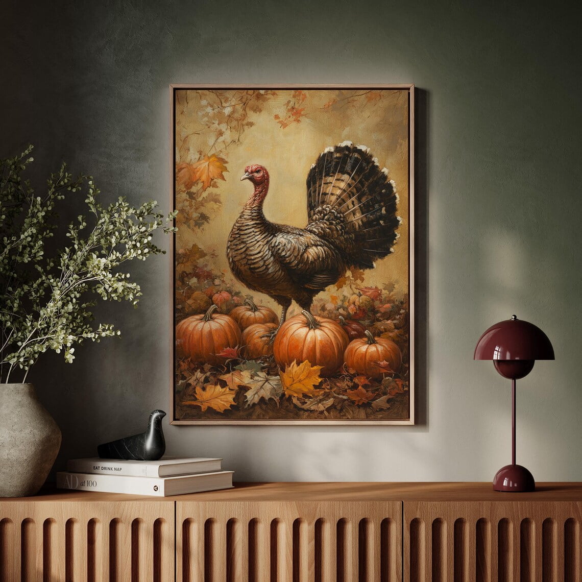 Thanksgiving Turkey Art Rustic Autumn Decor With Pumpkins & Leaves Fall ...