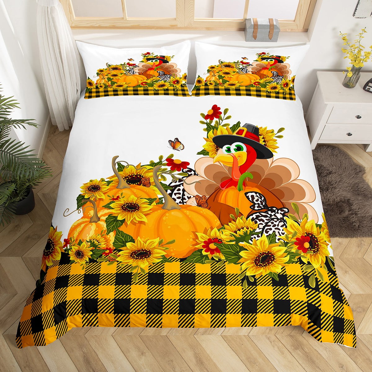 Thanksgiving Turkey Comforter Cover Sunflower Pumpkin Decor Duvet Cover ...