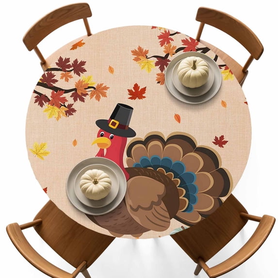Thanksgiving Turkey Fall Leaves Orange Pumpkin Fitted Round Tablecloths ...