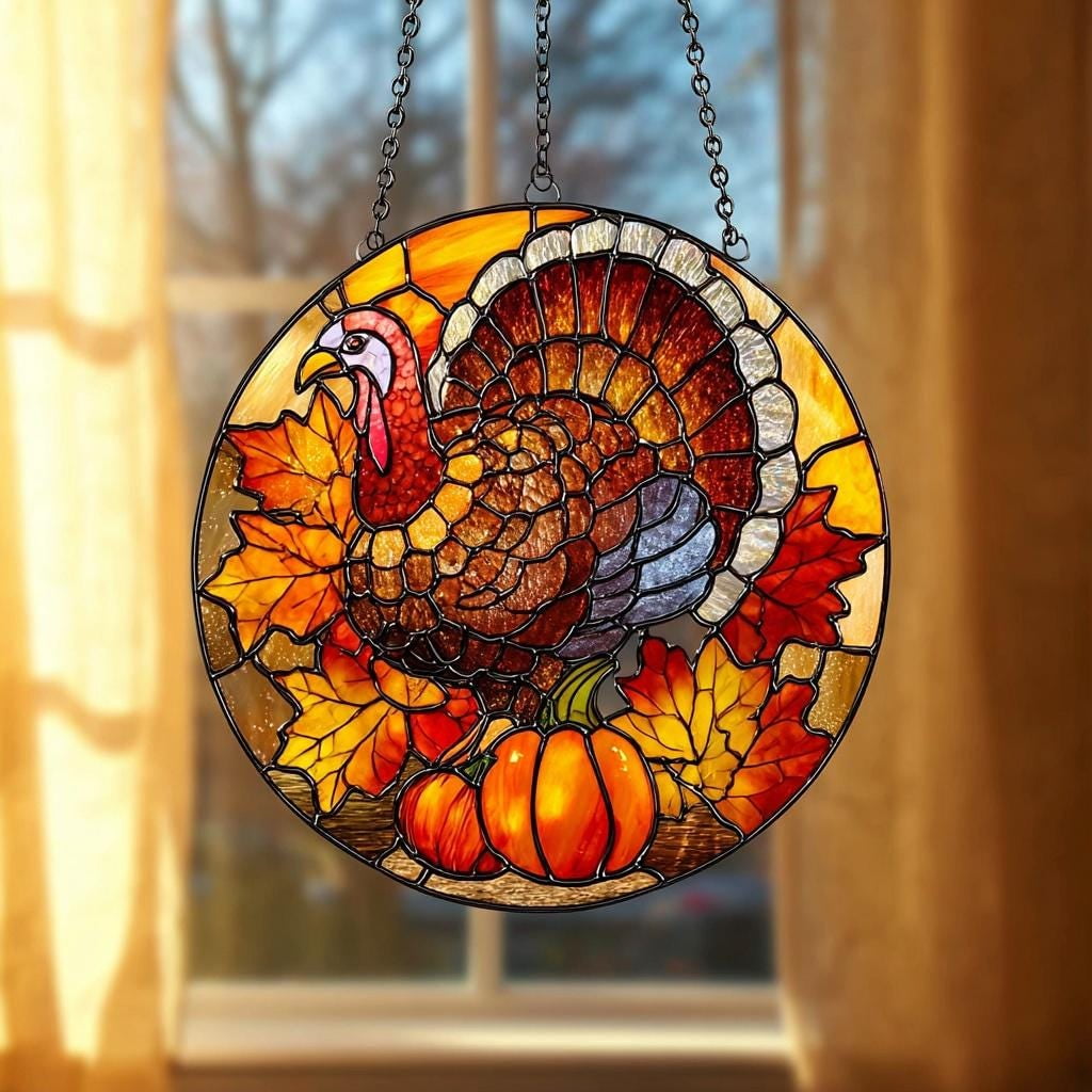 Thanksgiving Turkey Faux Stained Glass Acrylic Suncatcher, Round Window ...