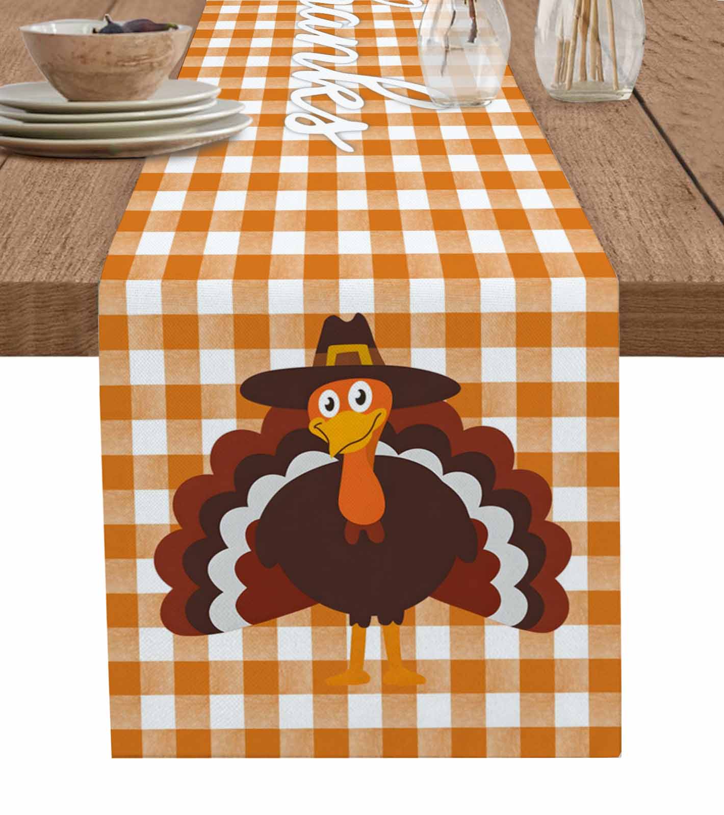 Thanksgiving Turkey Table Runner 72 Inches, Fall Orange Farmhouse Plaid ...