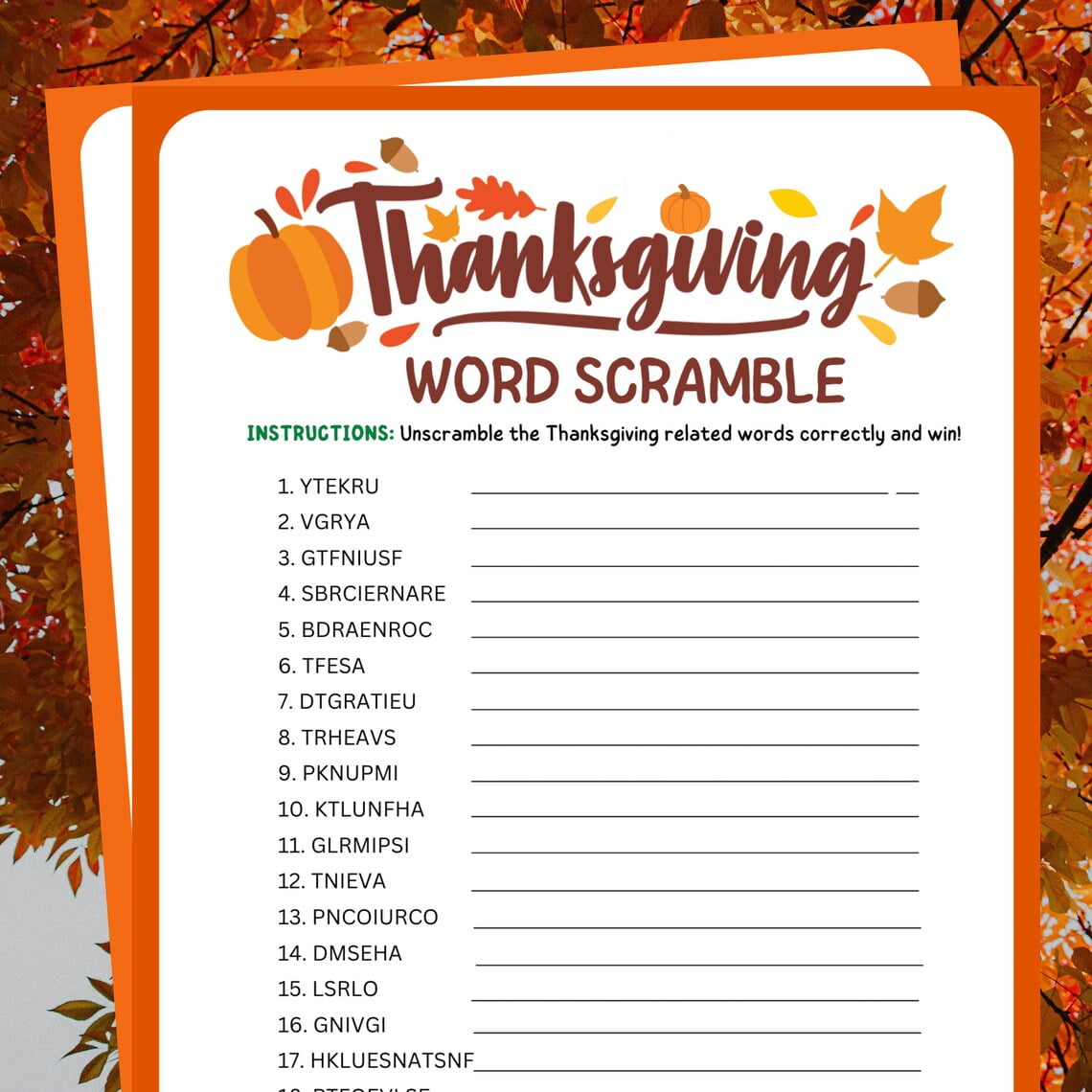 Thanksgiving Word Scramble, Fun Printable Party Game for Friendsgiving ...