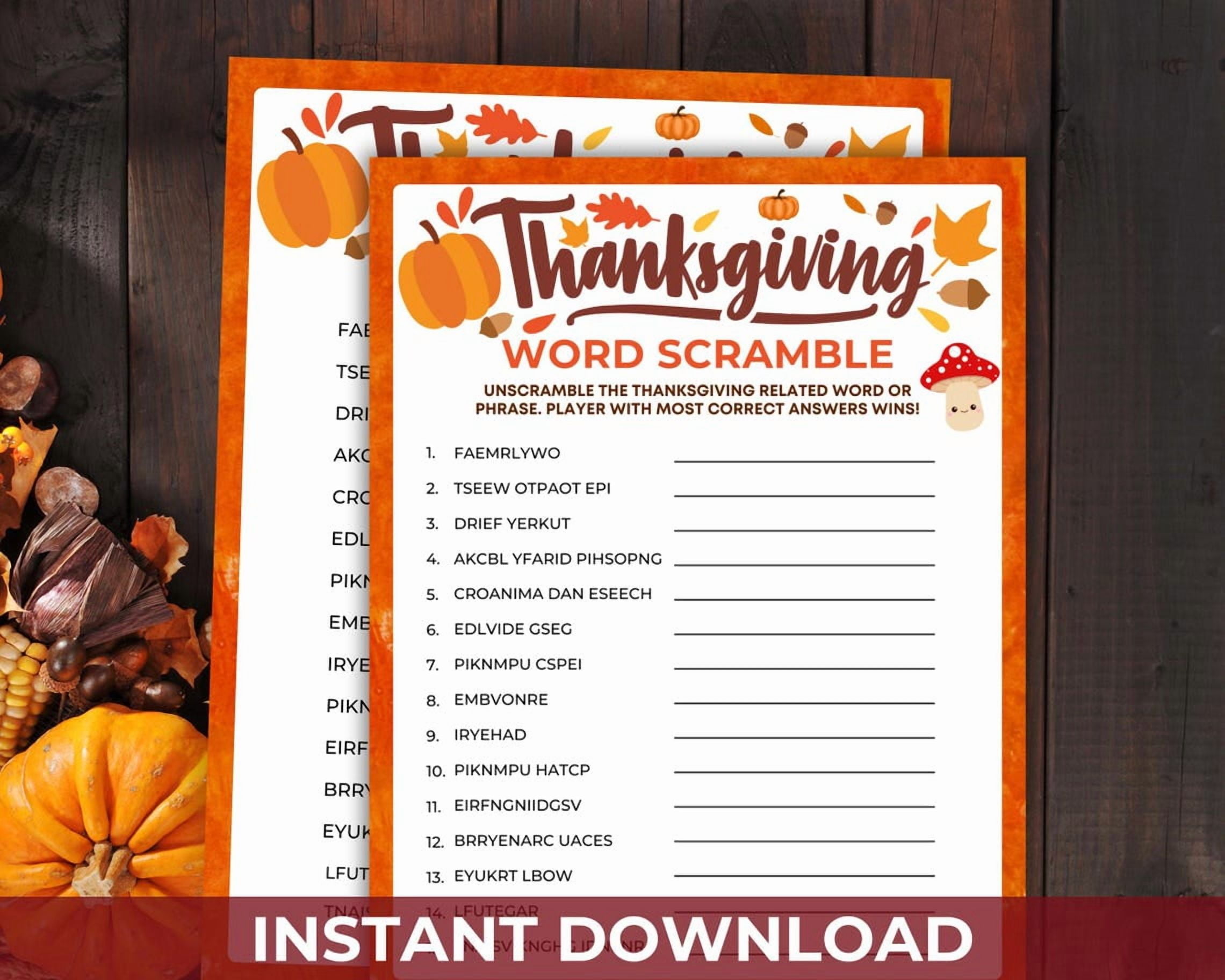 Thanksgiving Word Scramble, Printable Holiday Word Game for Adults ...