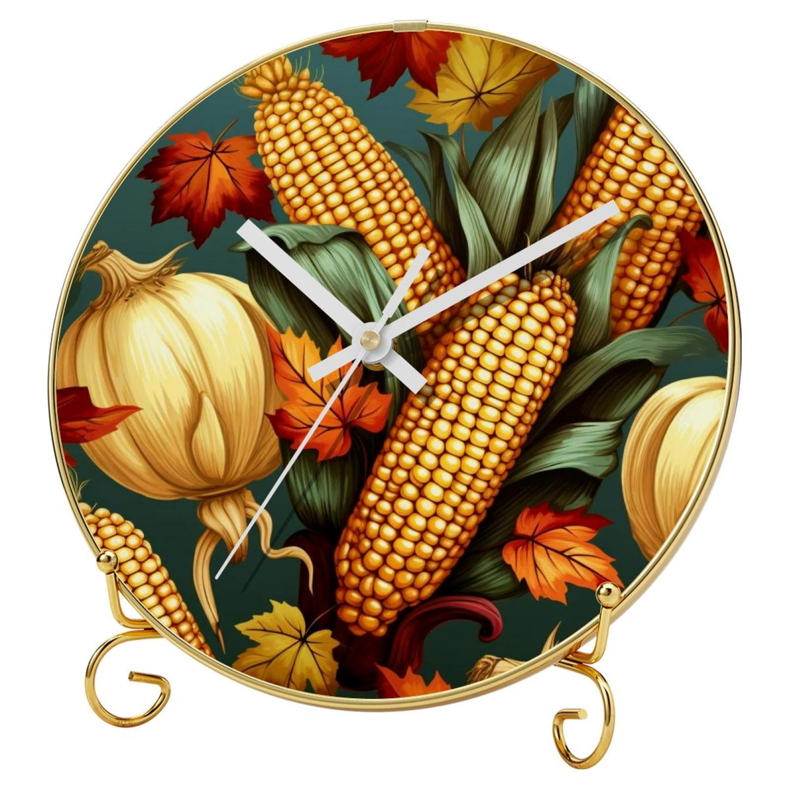Thanksgiving corn Round Wall Clock with Printed Design, Hooks and Gold ...