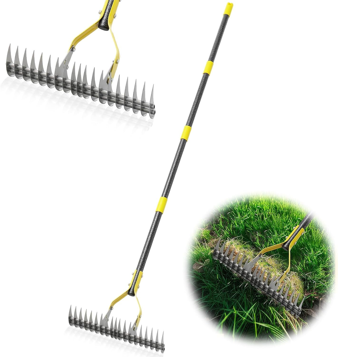 Thatch Rake 5.5FT Heavy Duty Metal Dethatcher Rake with Adjustable Long ...