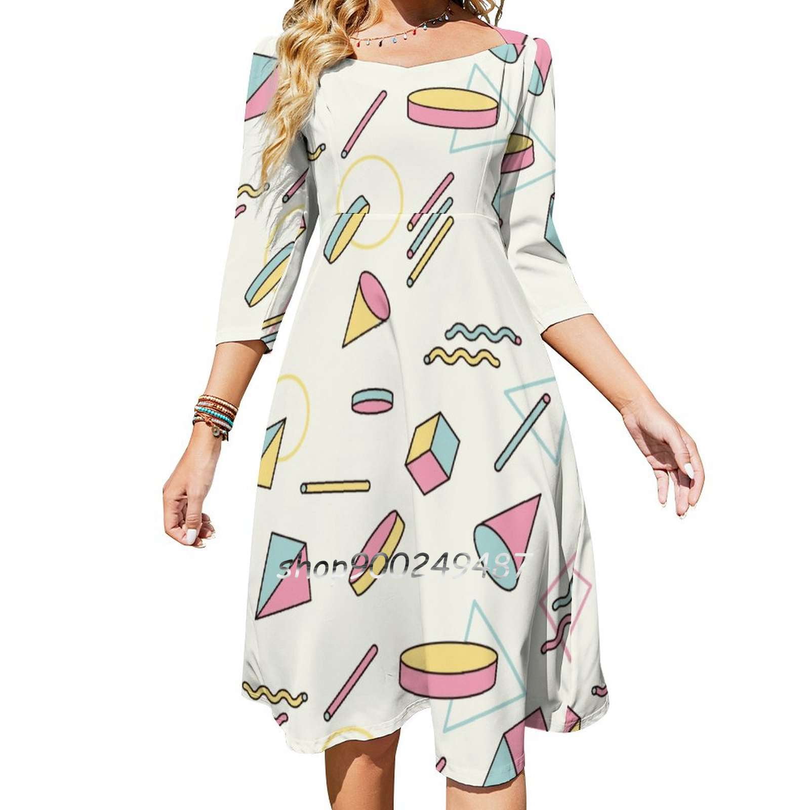 The 90'S ( Shapes ) Square Neck Dress Cute Loose Print Dresses Elegant ...