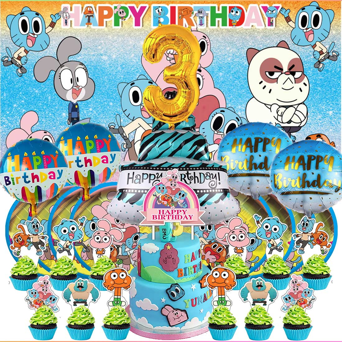 The Amazing World of Gumball 3rd Tableware Balloons Cake Toppers ...