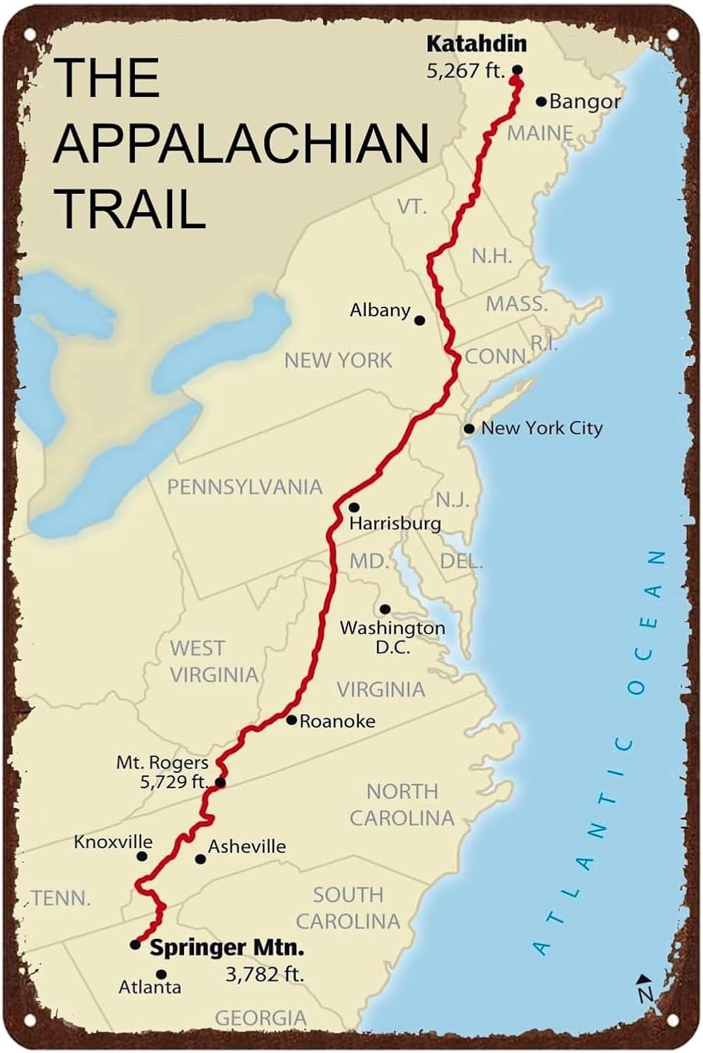 The Appalachian Trail Map Vintage Metal Signs,Hiking Decor Retro Tin ...