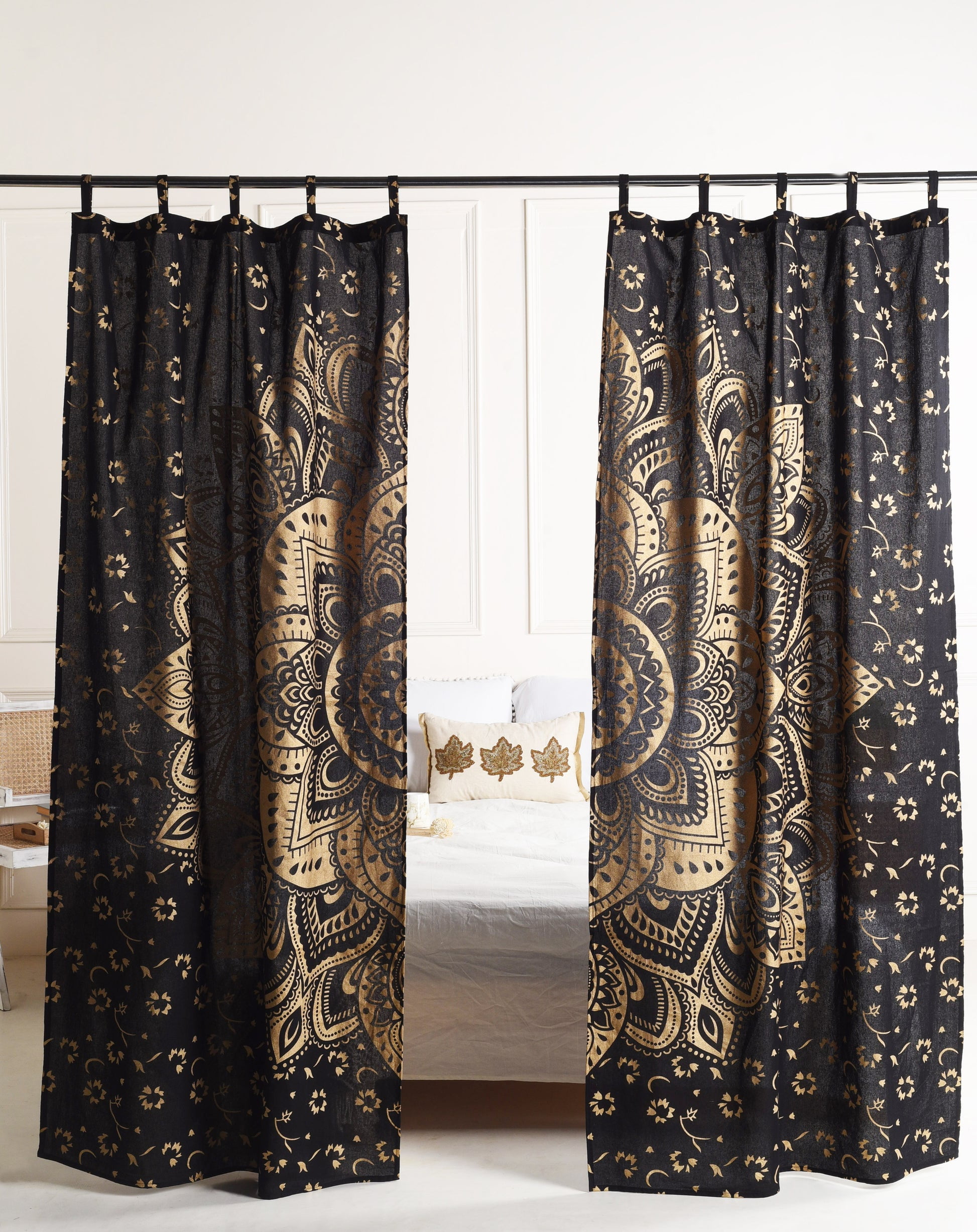 The Art Box Mandala Tapestry Curtain Panel, Set Black Gold Mandala Tab ...