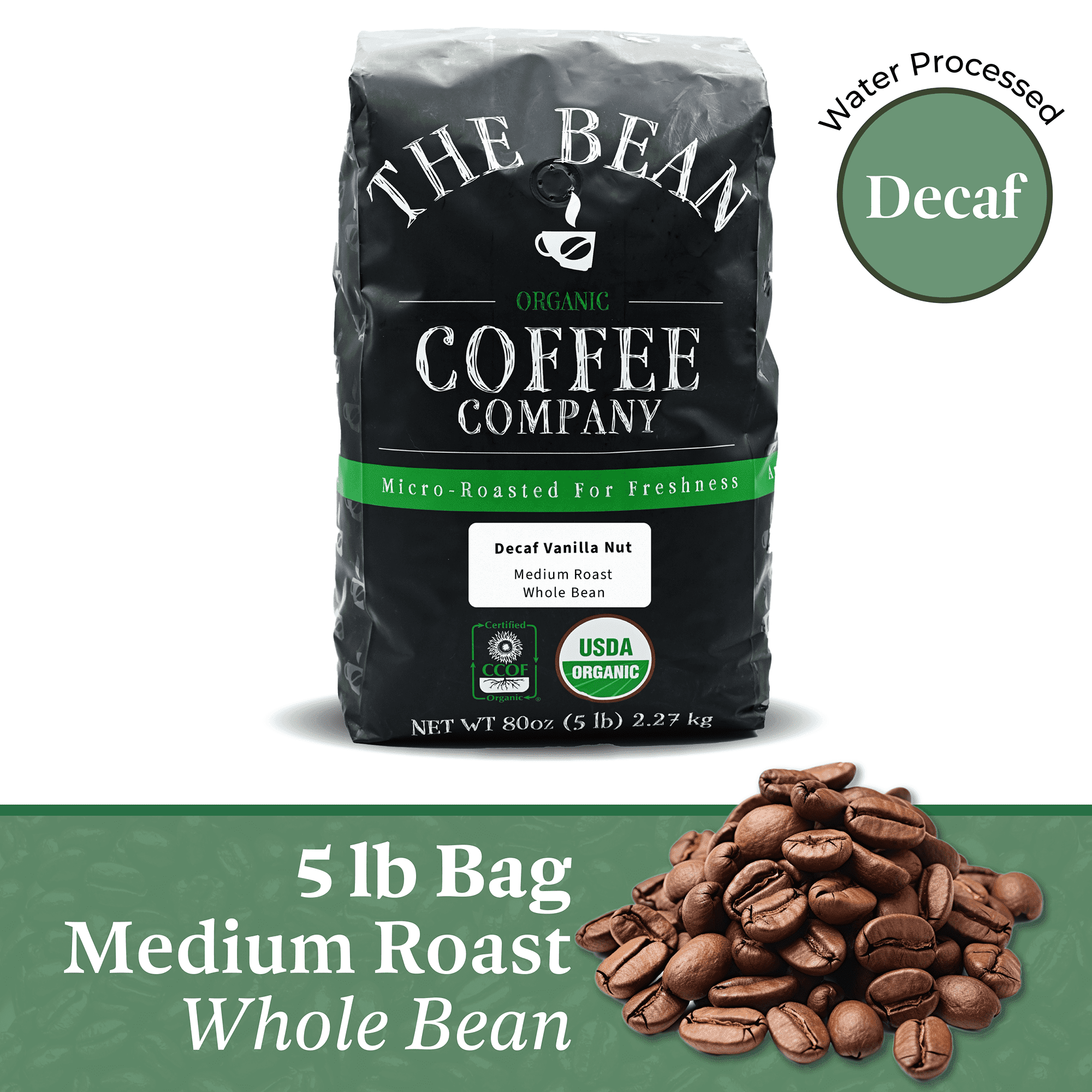 The Bean Organic Coffee Company Water Processed DECAF Vanilla Nut, Medium Roast, Whole Bean ...