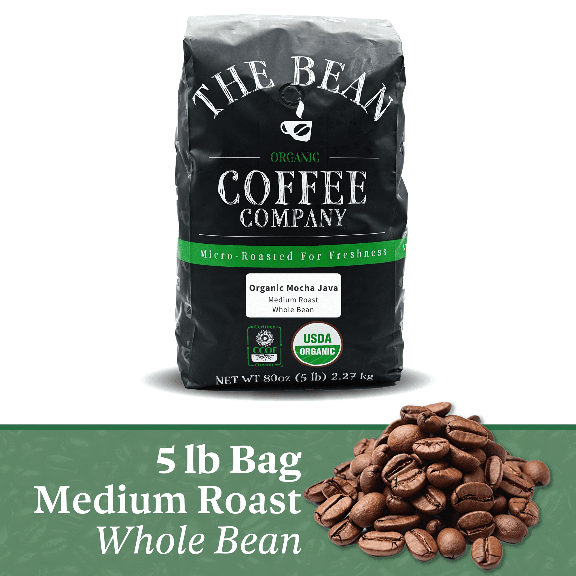 The Bean Organic Coffee Company Mocha Java, Medium Roast, Whole Bean Coffee, 5-Pound Bag ...