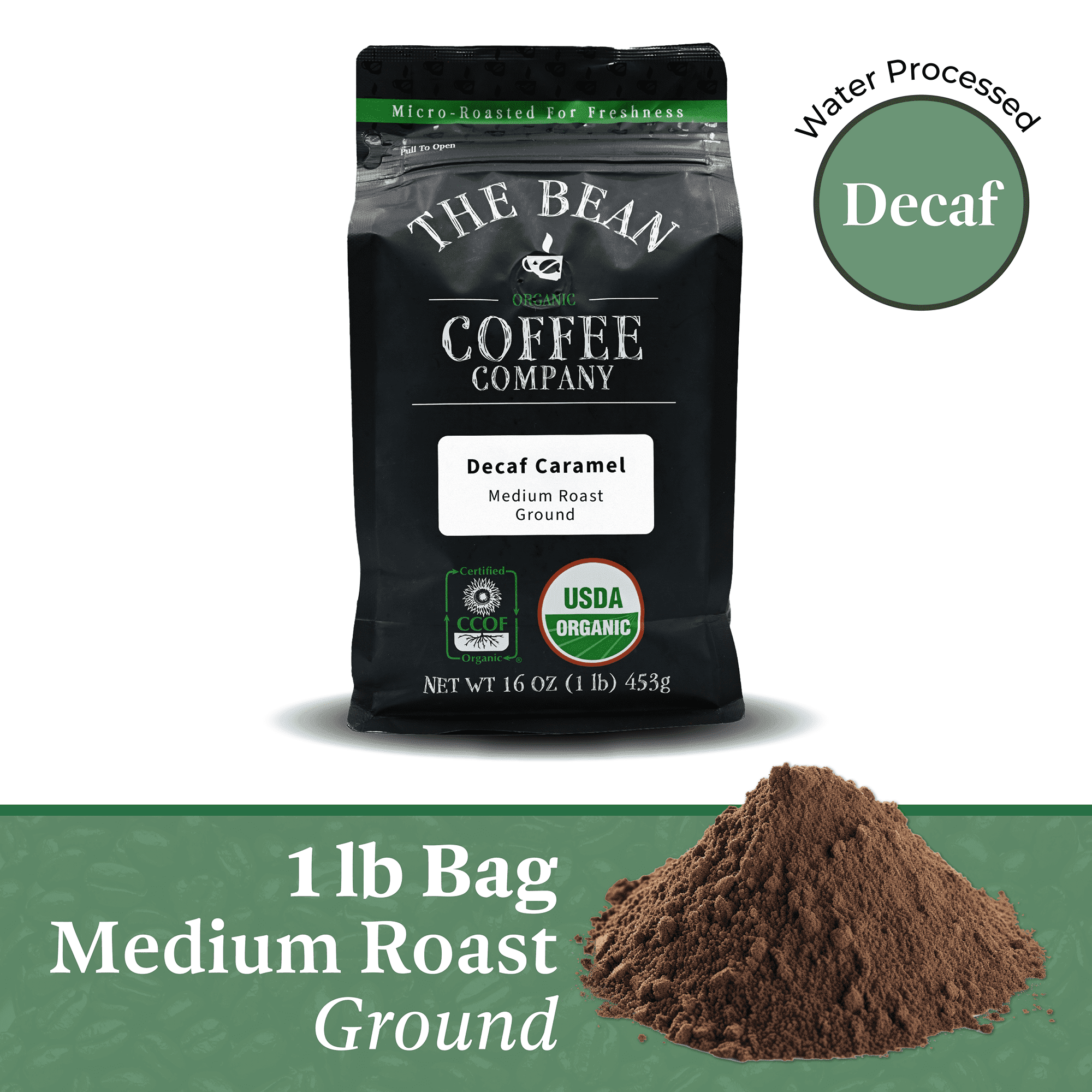 The Bean Organic Coffee Company Water Processed DECAF Caramel, Medium ...