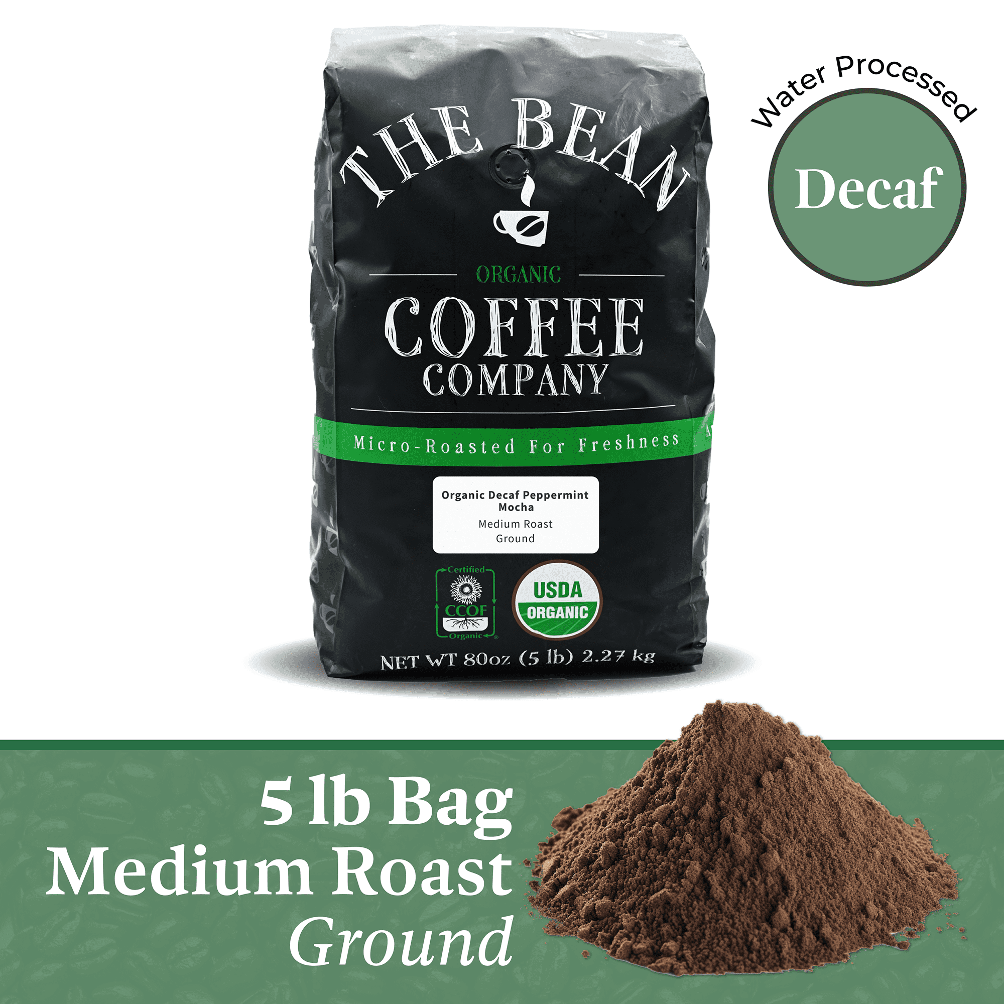 The Bean Organic Coffee Company Water Processed DECAF Peppermint Mocha, Medium Roast, Ground ...