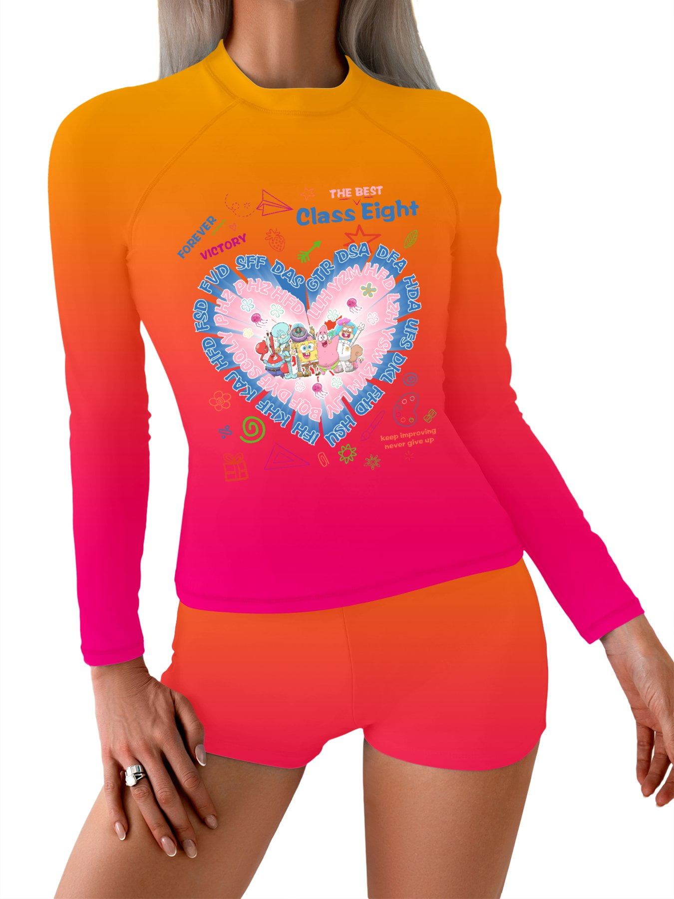 The Best Class Eight' Heart - Shaped Cartoon Print Long - Sleeve Rash ...