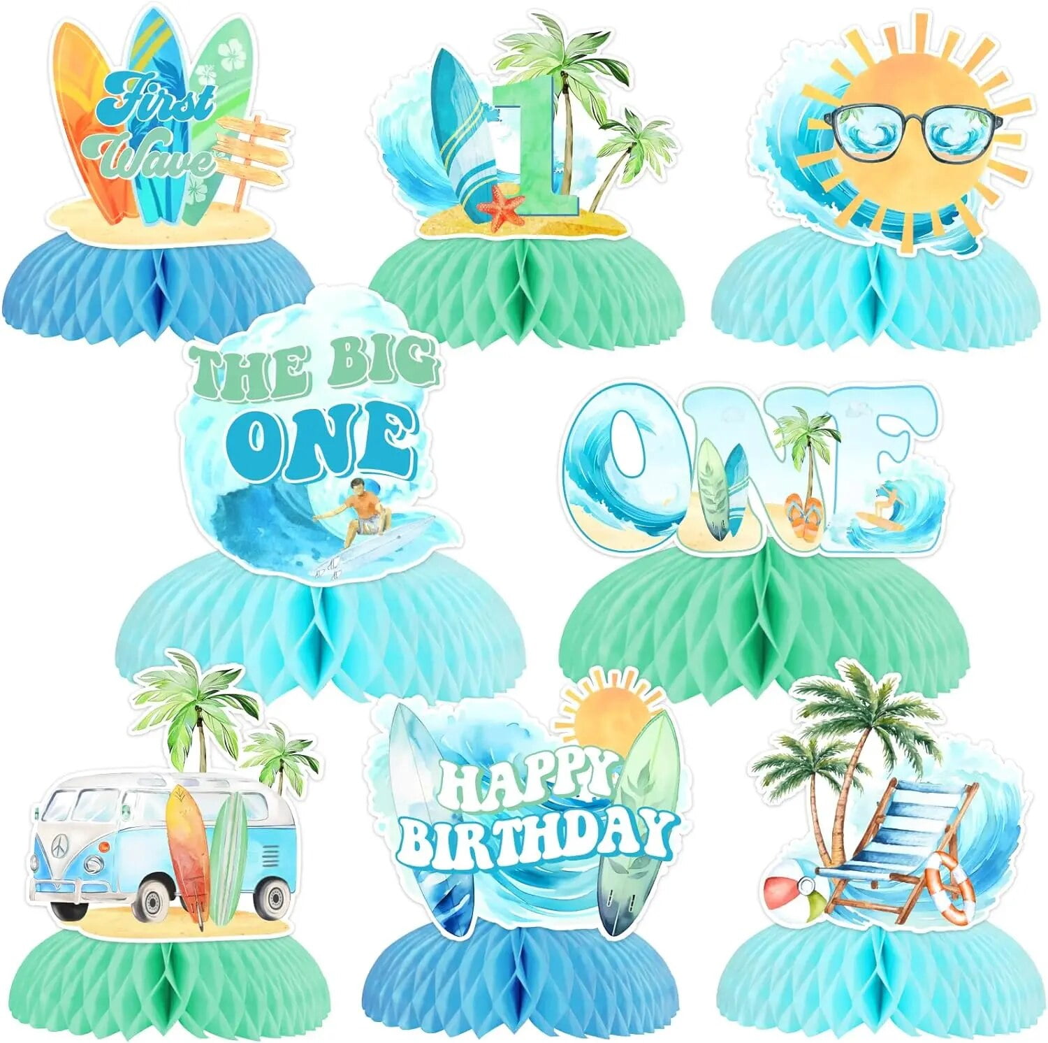 The Big One Surf 1st Birthday Honeycomb Centerpieces Decor Surfing ...