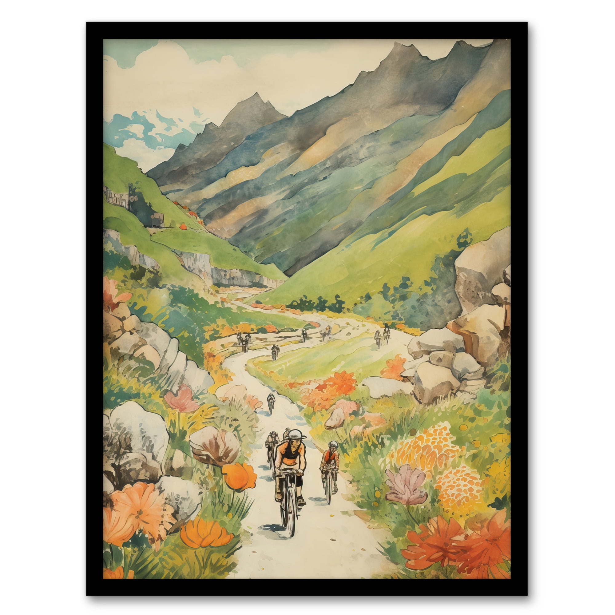 The Bike Ride Through The Alps Watercolour Painting Alpine Bikers On ...