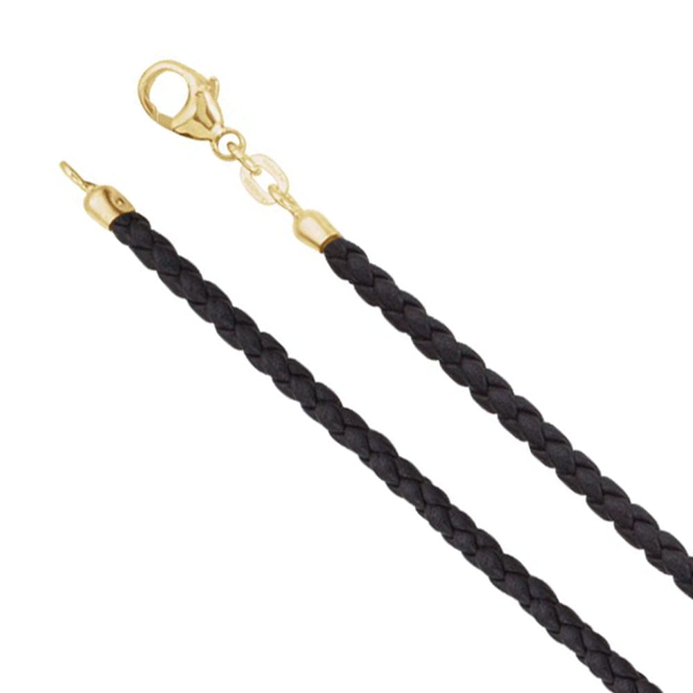 The Black Bow 3mm Black Braided Leather Cord Chain 14k Gold Clasp ...