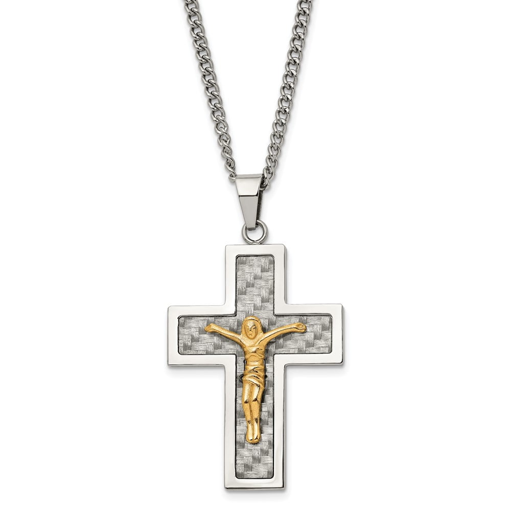 The Black Bow Stainless Steel, Gold Tone, Gray Carbon Fiber Crucifix ...