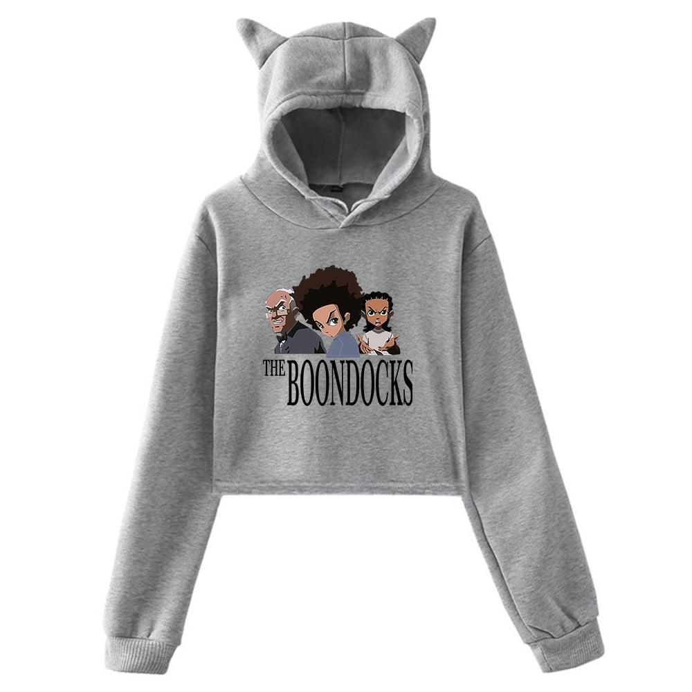 The Boondocks Pullover Black Cartoon Anime Hoodie Female Cat Ears Crop ...