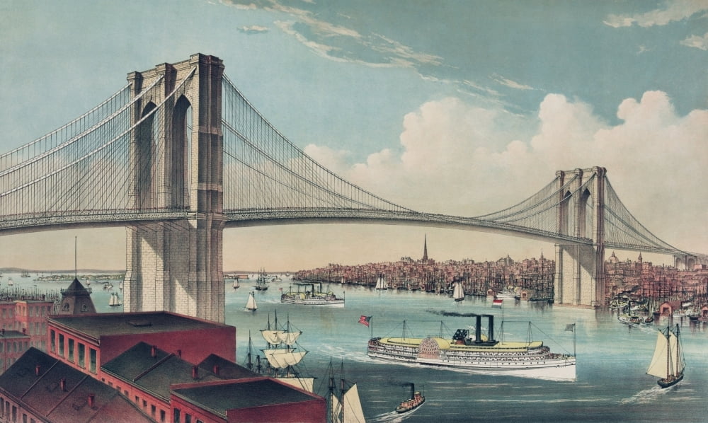 The Brooklyn Bridge With Manhattan Buildings In Lower Left And Brooklyn ...