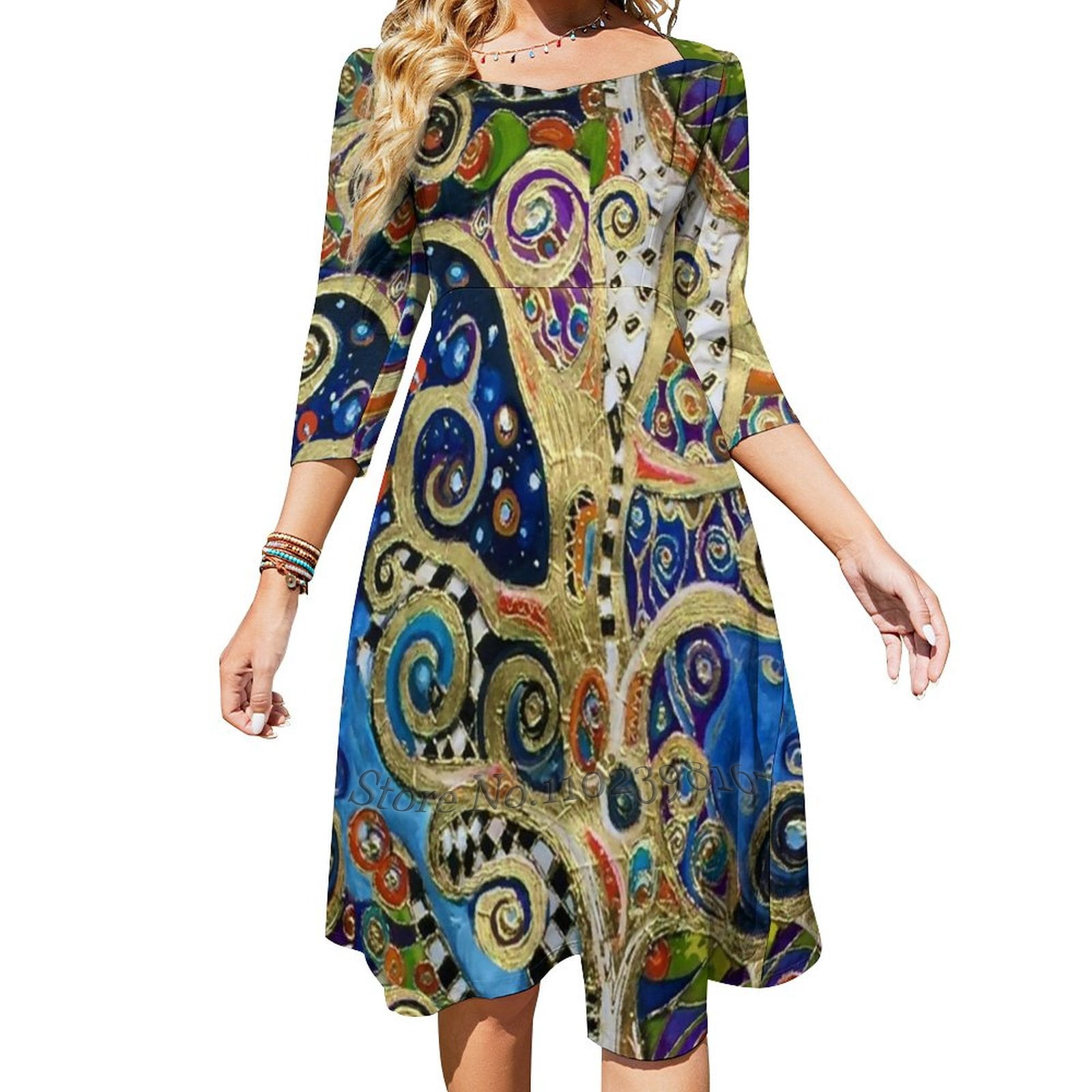 The Changing Seasons Of Klimt Flare Dress Square Neck Dress Elegant ...