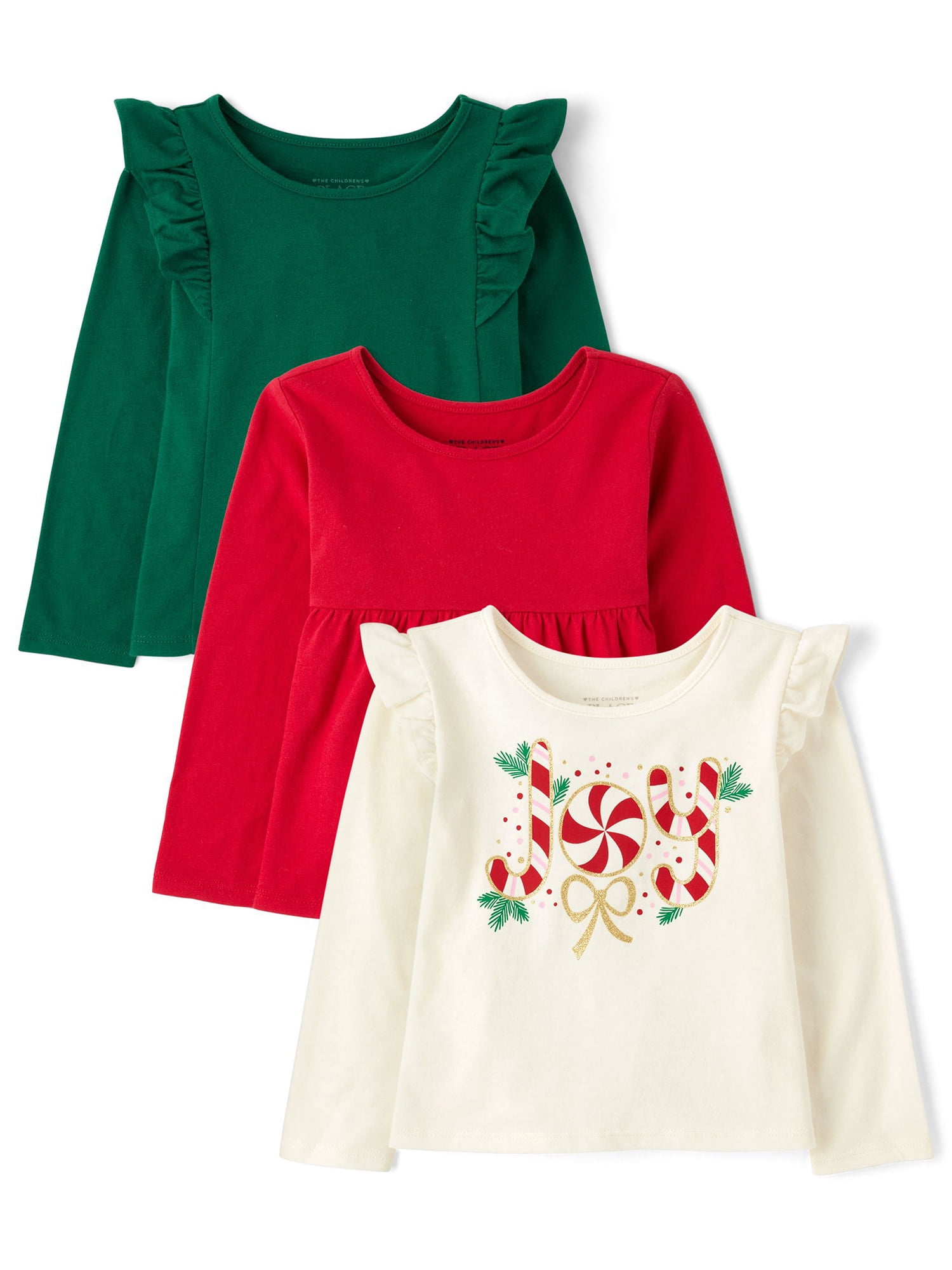 The Children's Place Baby Toddler Girls Long Sleeve Flutter Top, 3-Pack ...