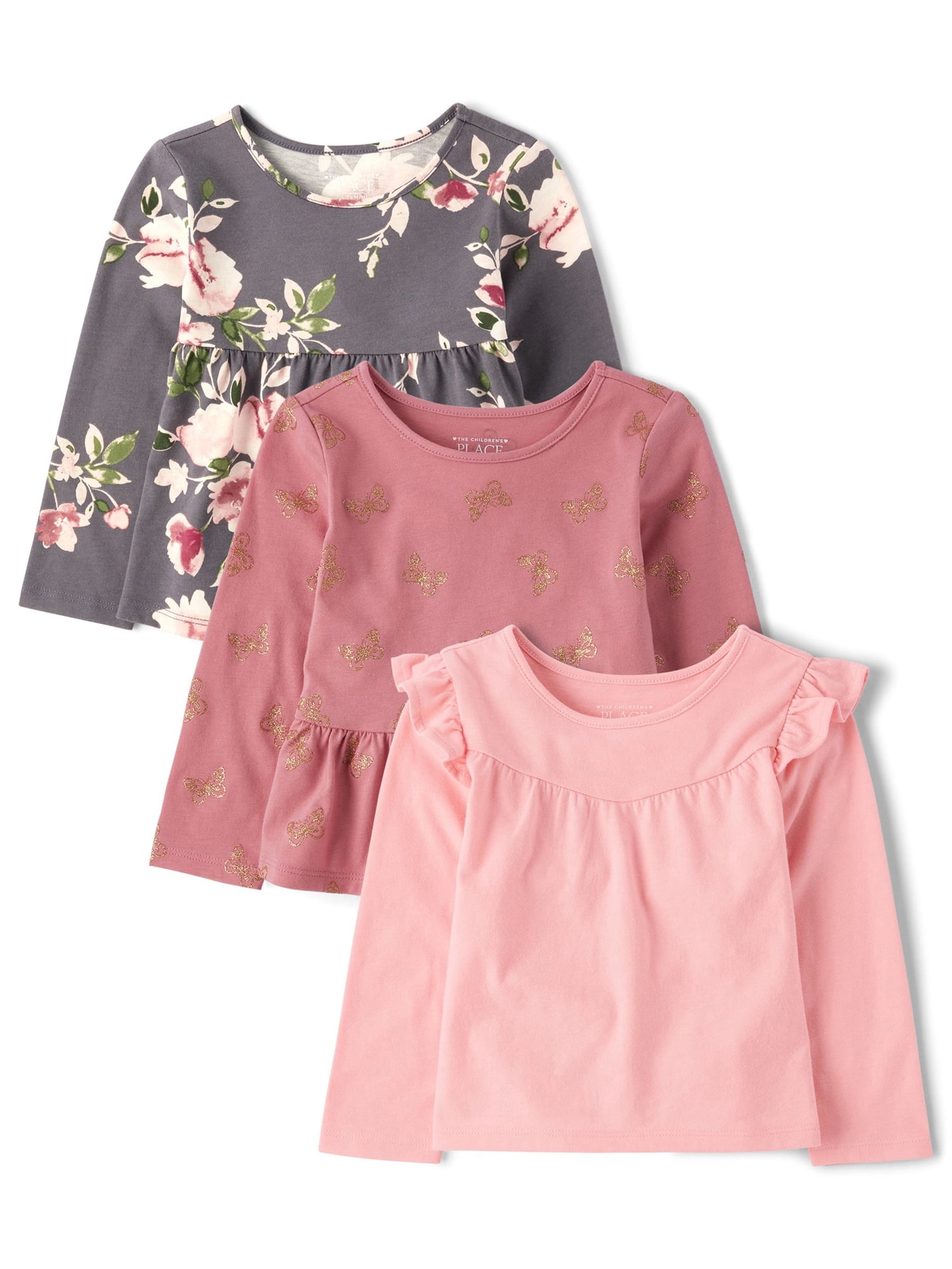 The Children's Place Baby & Toddler Girls Long Sleeve Top, 3-Pack ...